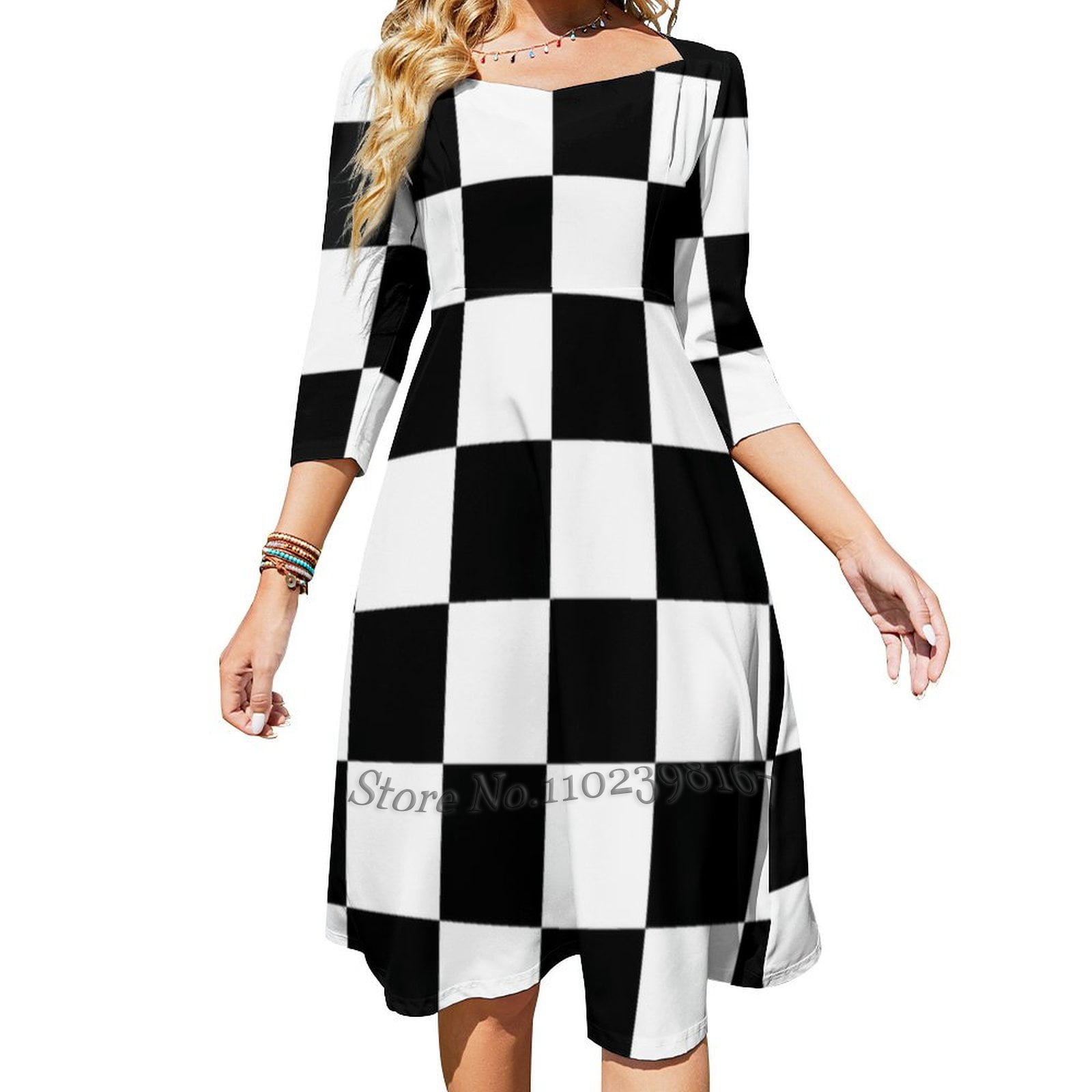 Simple Checks Sweet Elegant Dress Women Korean Kawaii Square Collar ...