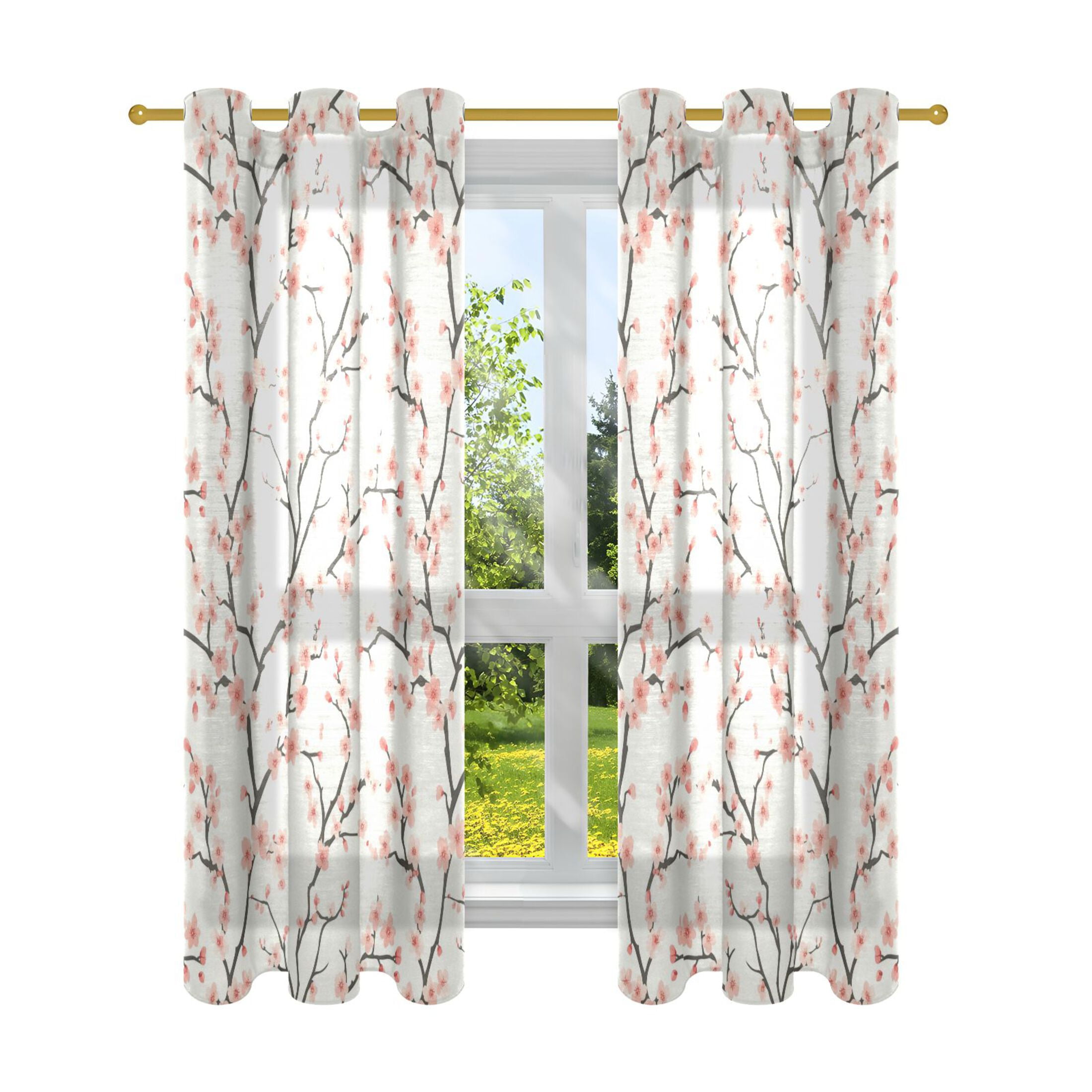 Simple Cherry Blossom Semi Sheer Curtains for Living Room Bedroom Set ...