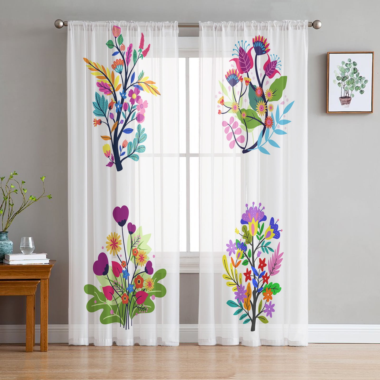 Simple Color Flowers Printed Curtains Drape Sheer Tulle Home ration ...