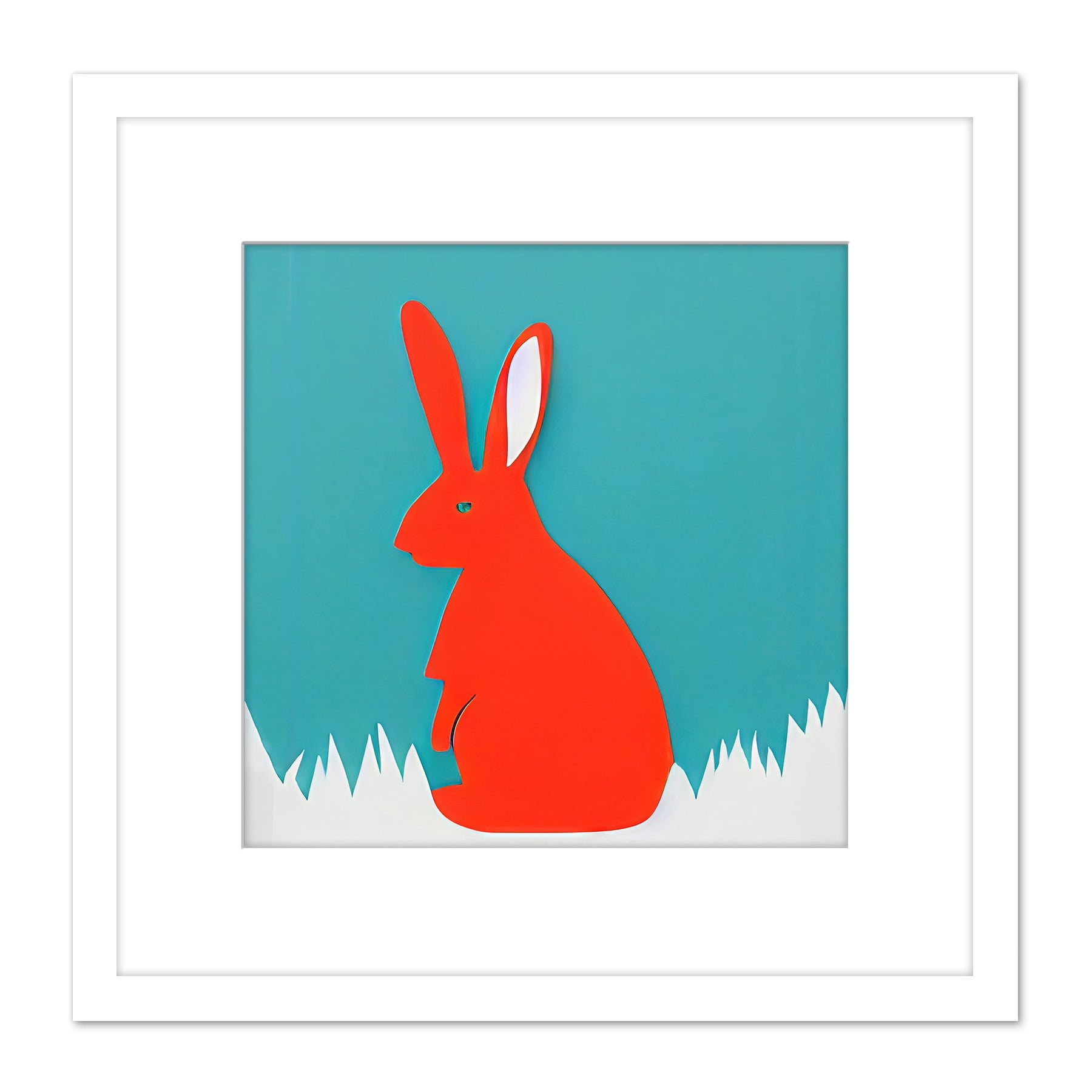 Simple Coral Red Bunny Rabbit On Teal Square Wooden Framed Wall Art ...