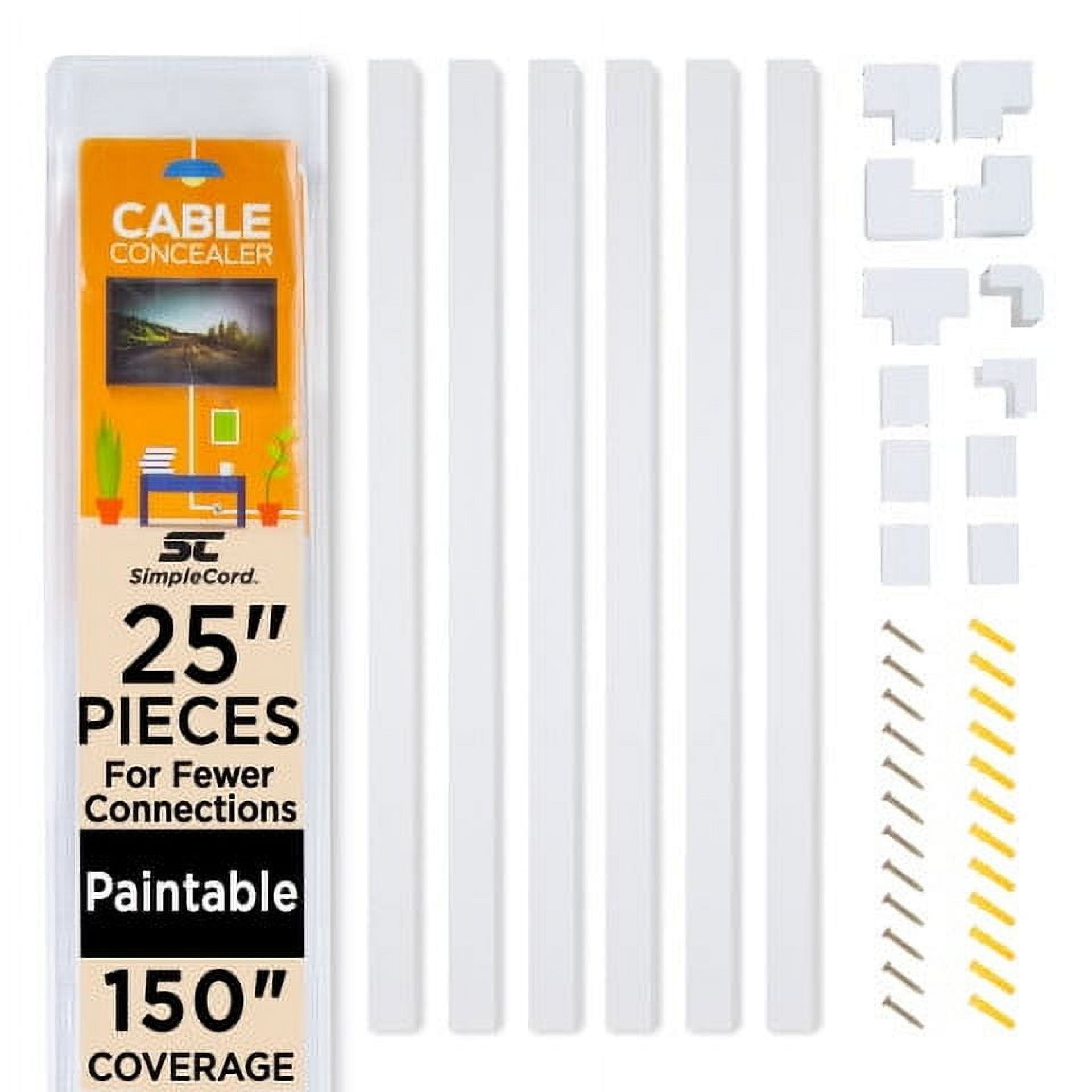 Simple Cord 150-in Kit, 6-Pack 25-inch Wall Mount Cable Covers, White ...