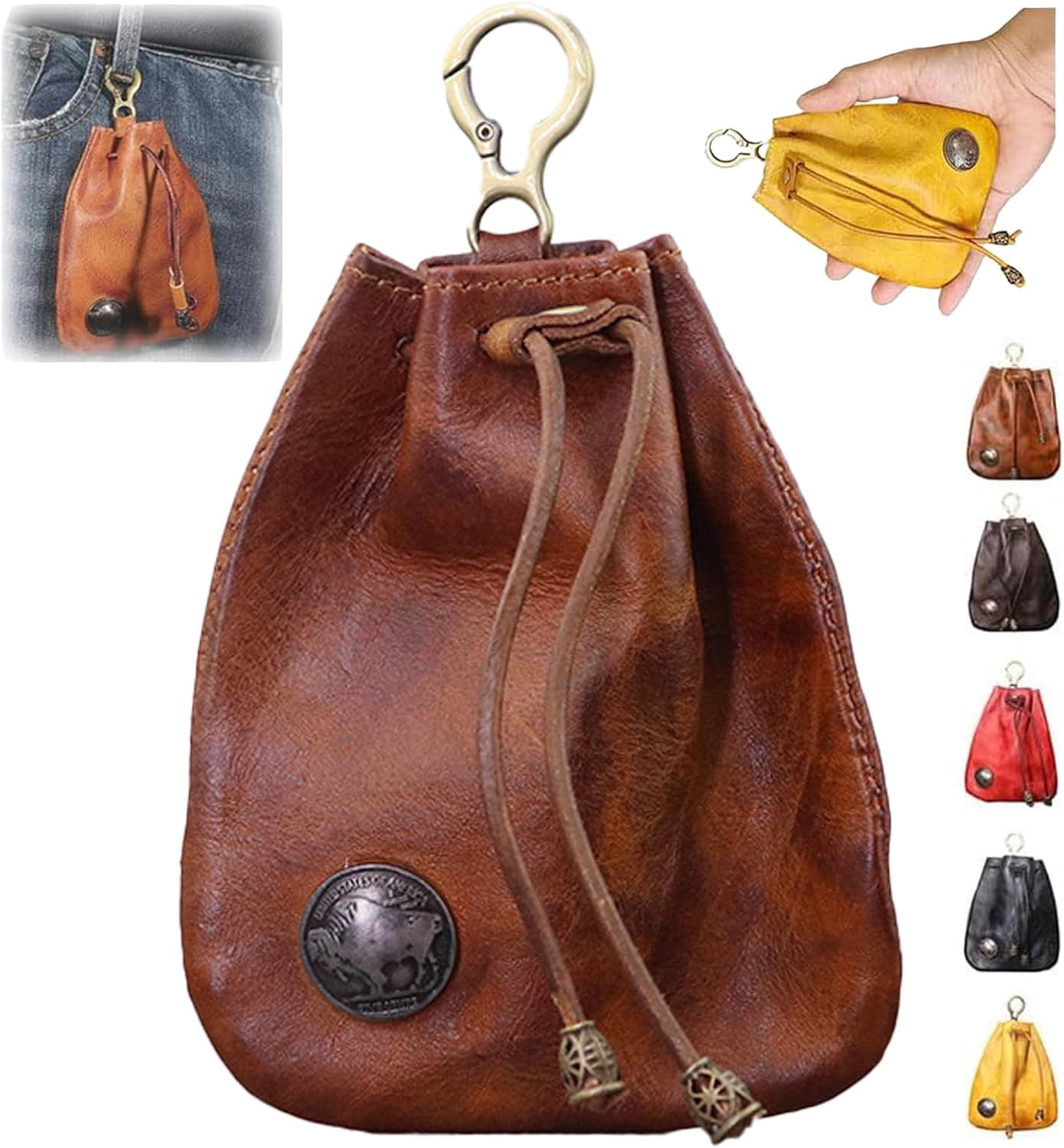 Simple Cowhide Retro Storage Bag ， Medieval Genuine Leather Drawstring ...