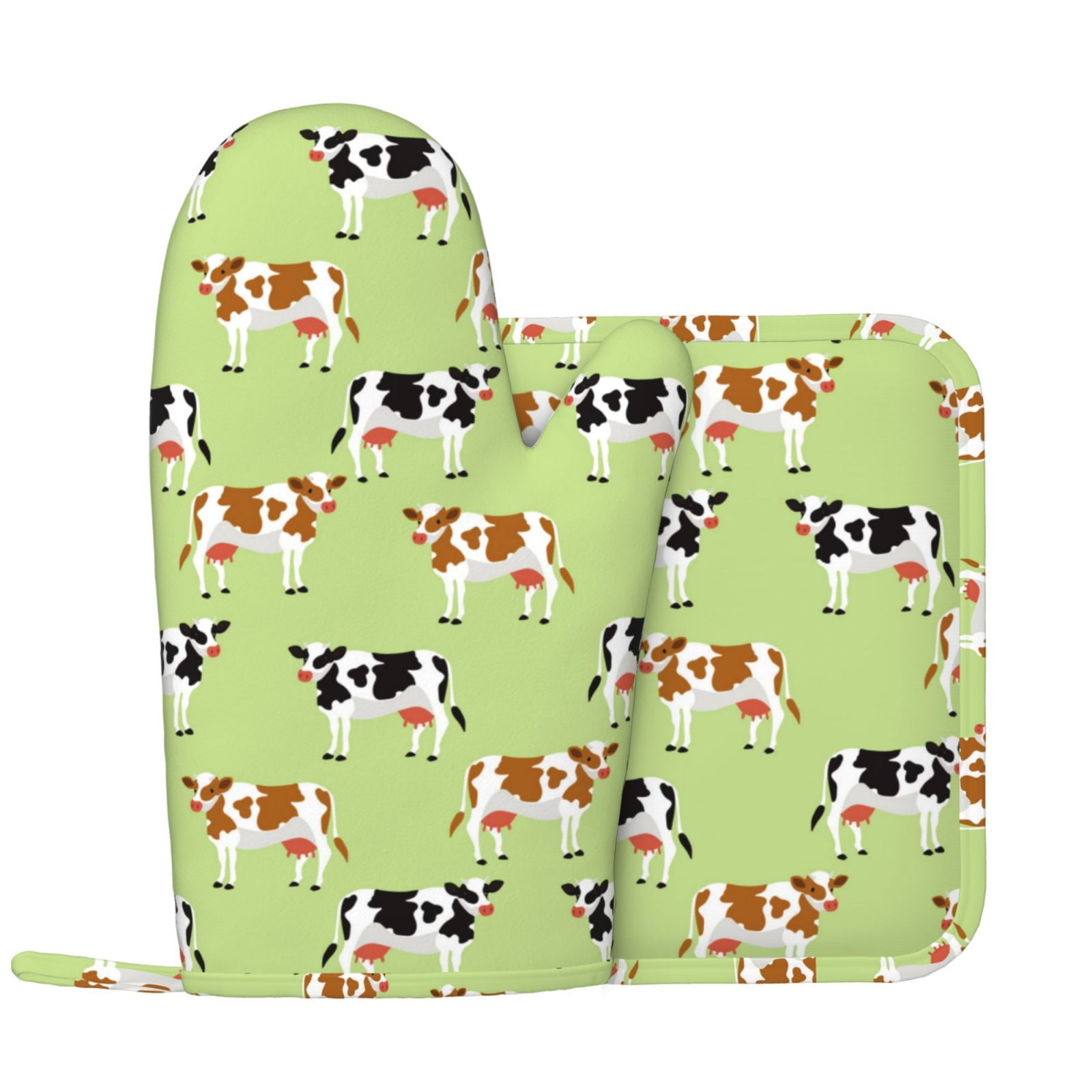 Simple Cute Cow Green Oven Mitts and Pot Holders Sets with 1 Non-Slip ...