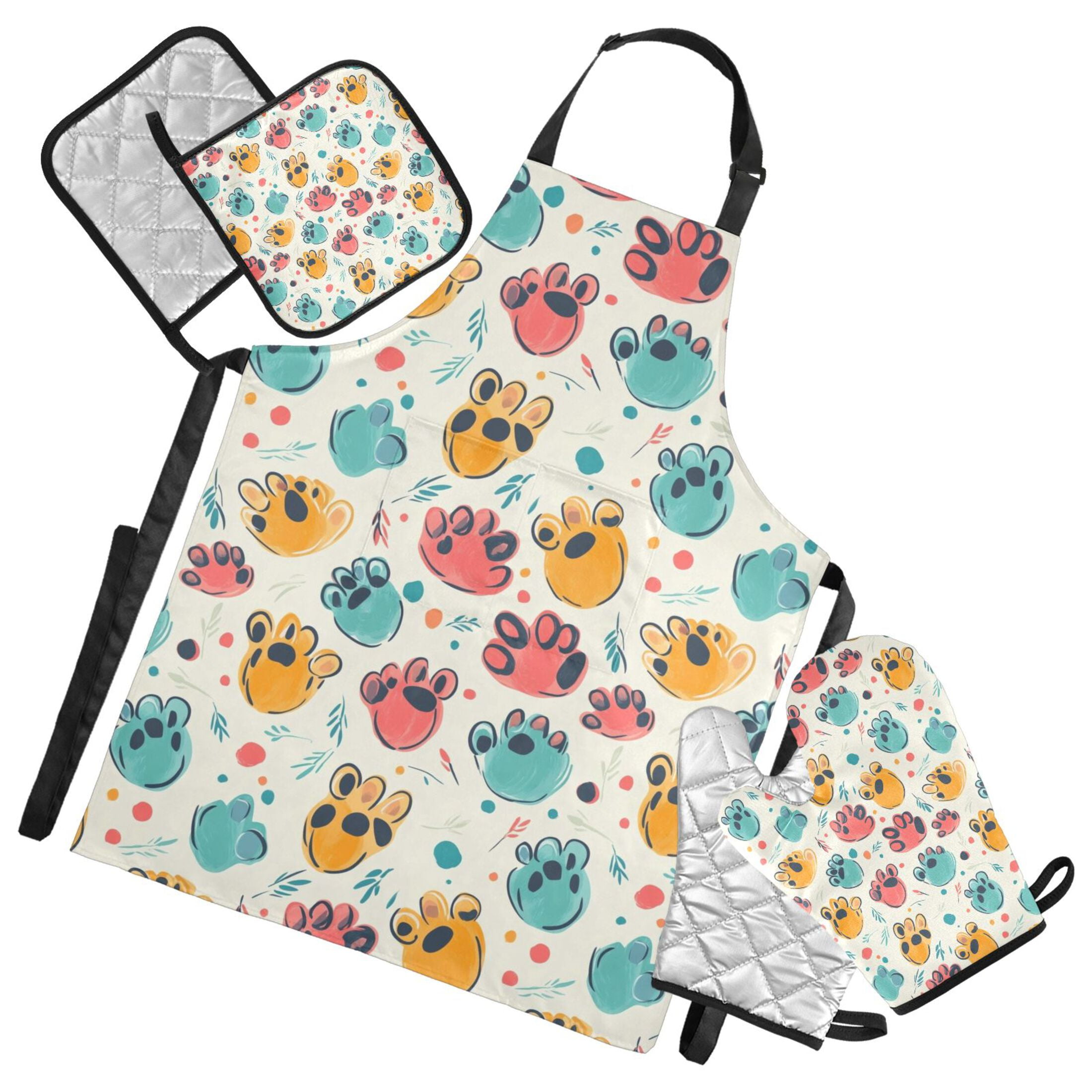 Simple Cute Paw Oven Mitts and Pot Holders with Chef Apron Set 5 Pcs ...