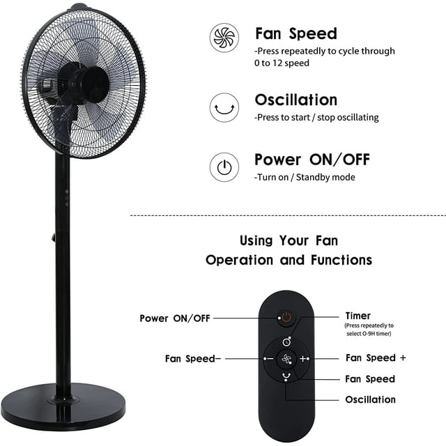 Simple Deluxe 14.5" Adjustable 12 Levels Speed Pedestal Stand Fan with Remote Control for Indoor ...