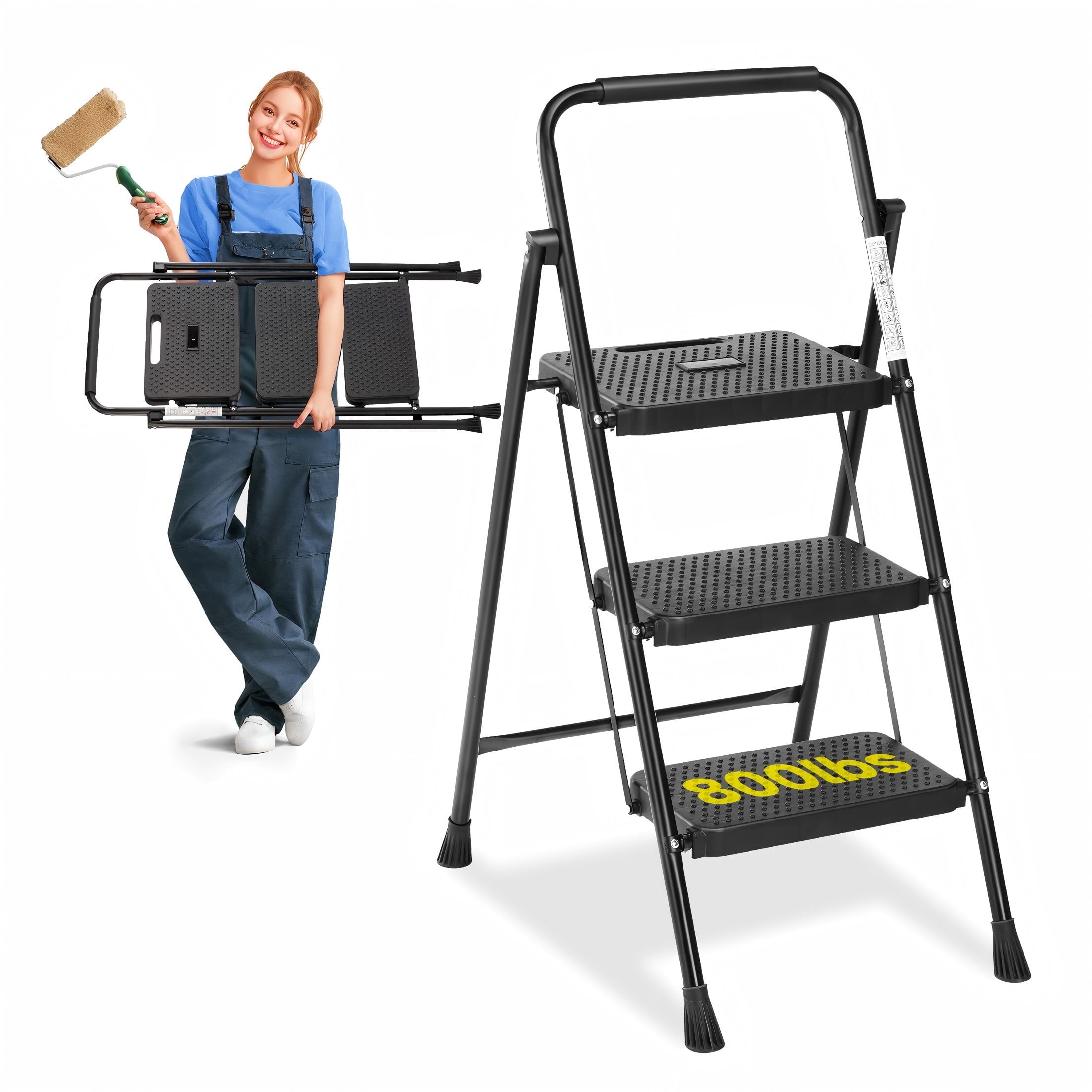 Simple Deluxe 3 Step Ladder, Step Stool Foldable, Portable Ladder with ...