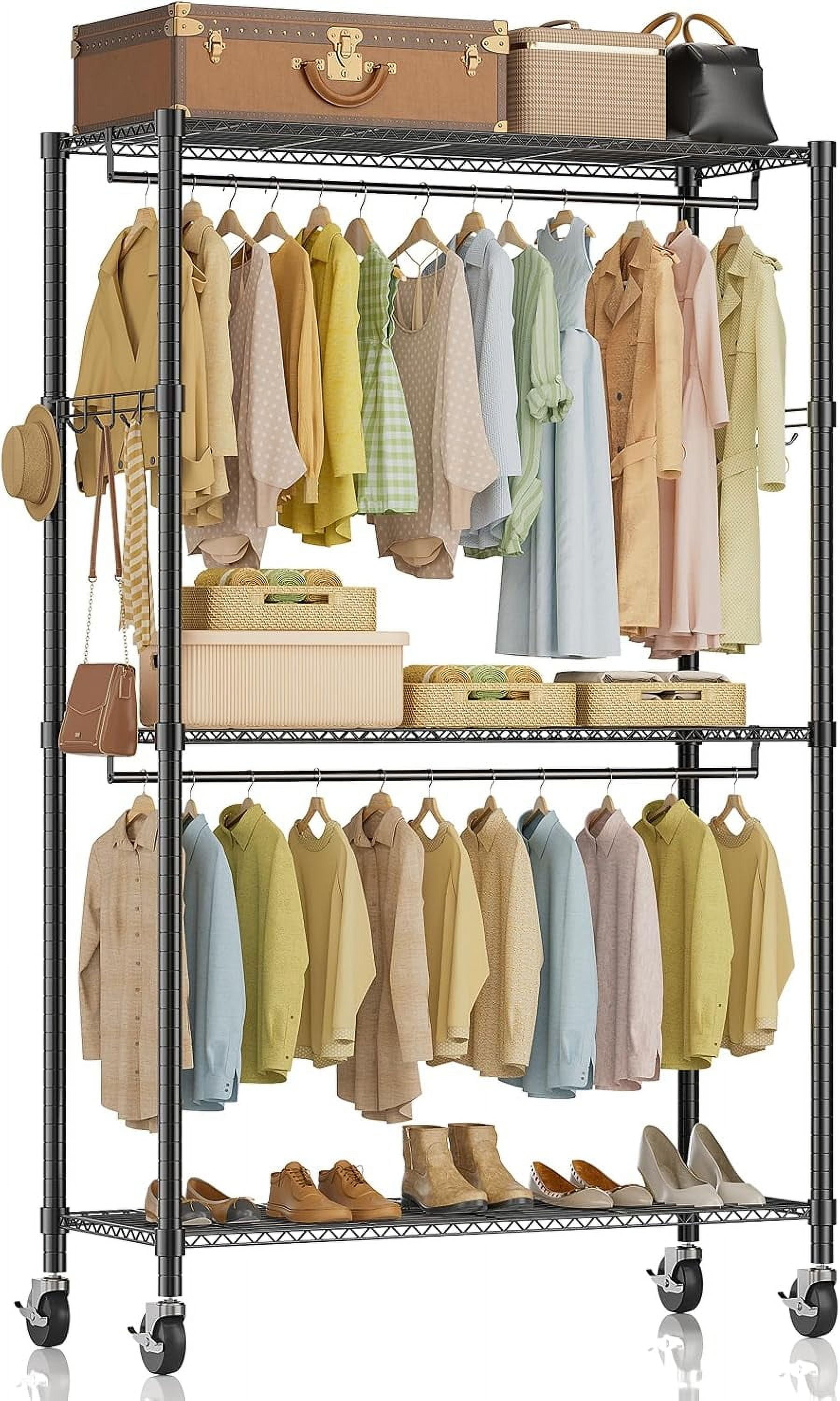 Simple Deluxe Rolling Clothes Rack, Heavy Duty Clothing Rack, 3-Shelf ...