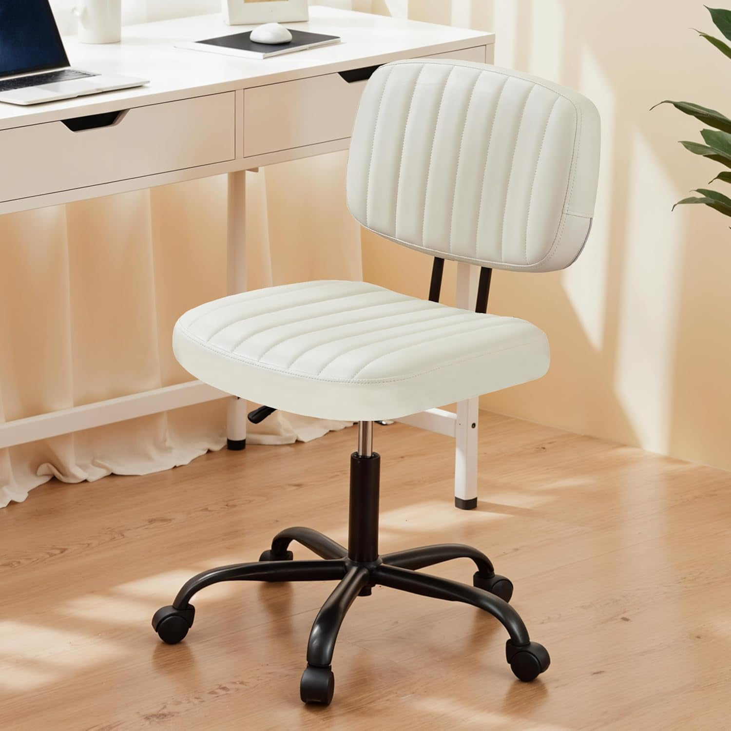 Simple Deluxe Small Desk Chair, Armless Office Chair with Wheels, PU ...