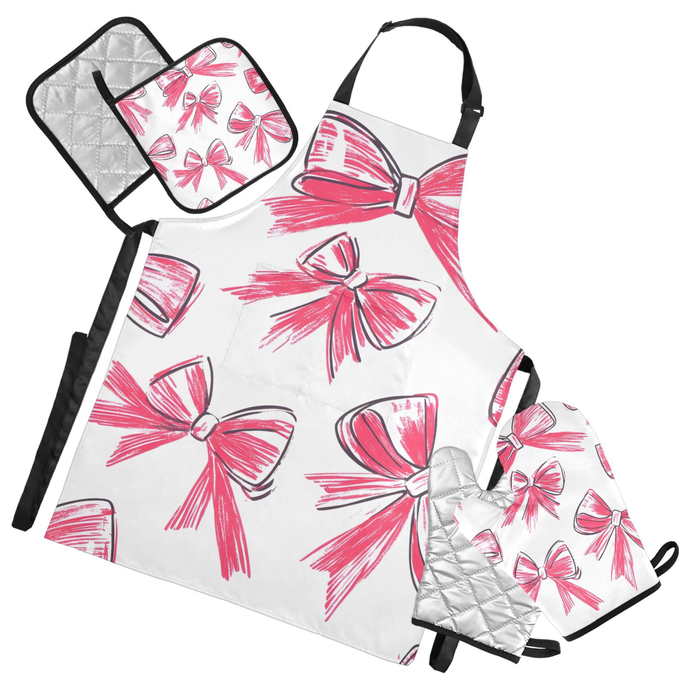 Simple Design Pink Bow Oven Mitts and Pot Holders with Chef Apron Set 5 ...