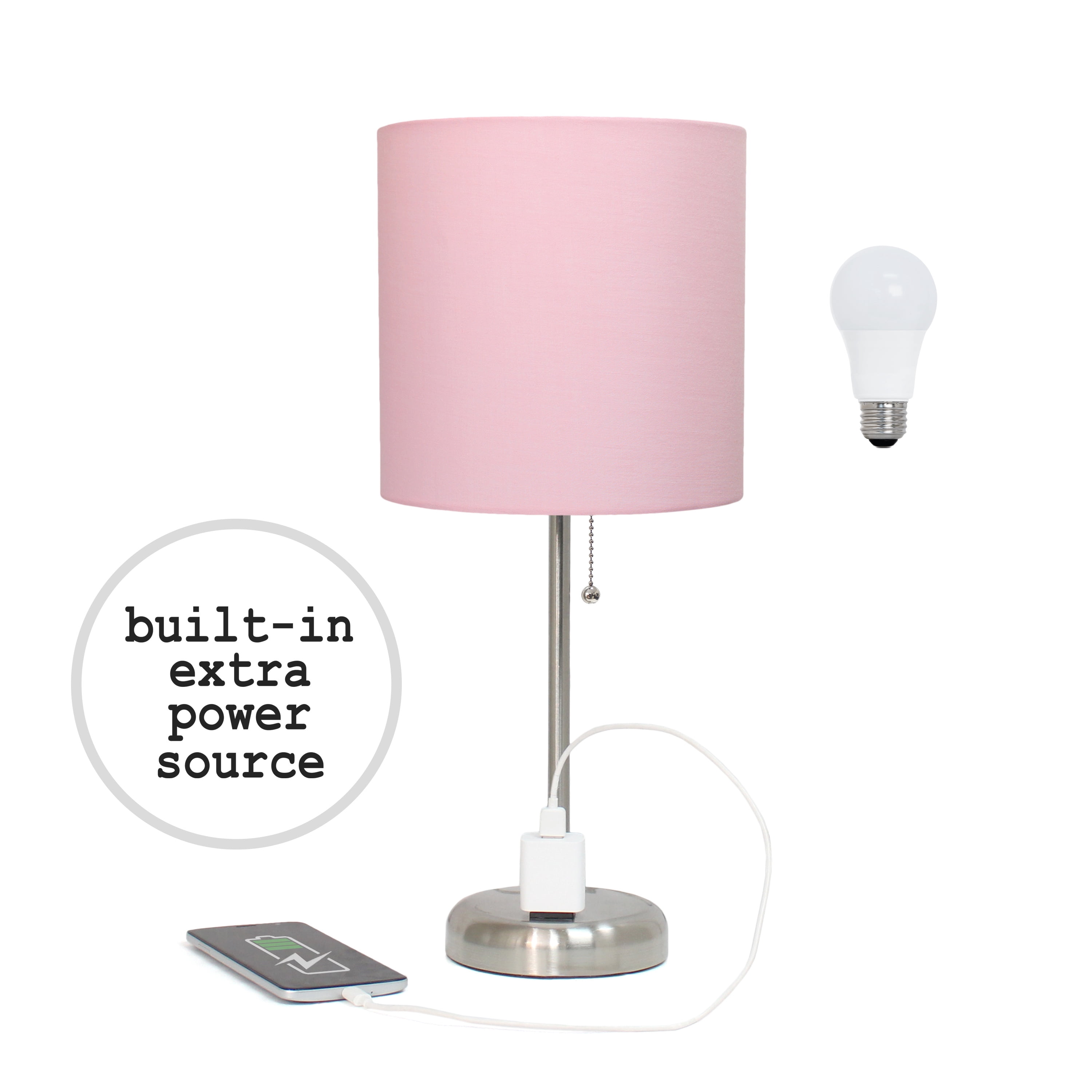 Simple Designs 19.5" Stick Lamp w/ Charging Outlet Light Pink w/ LED ...