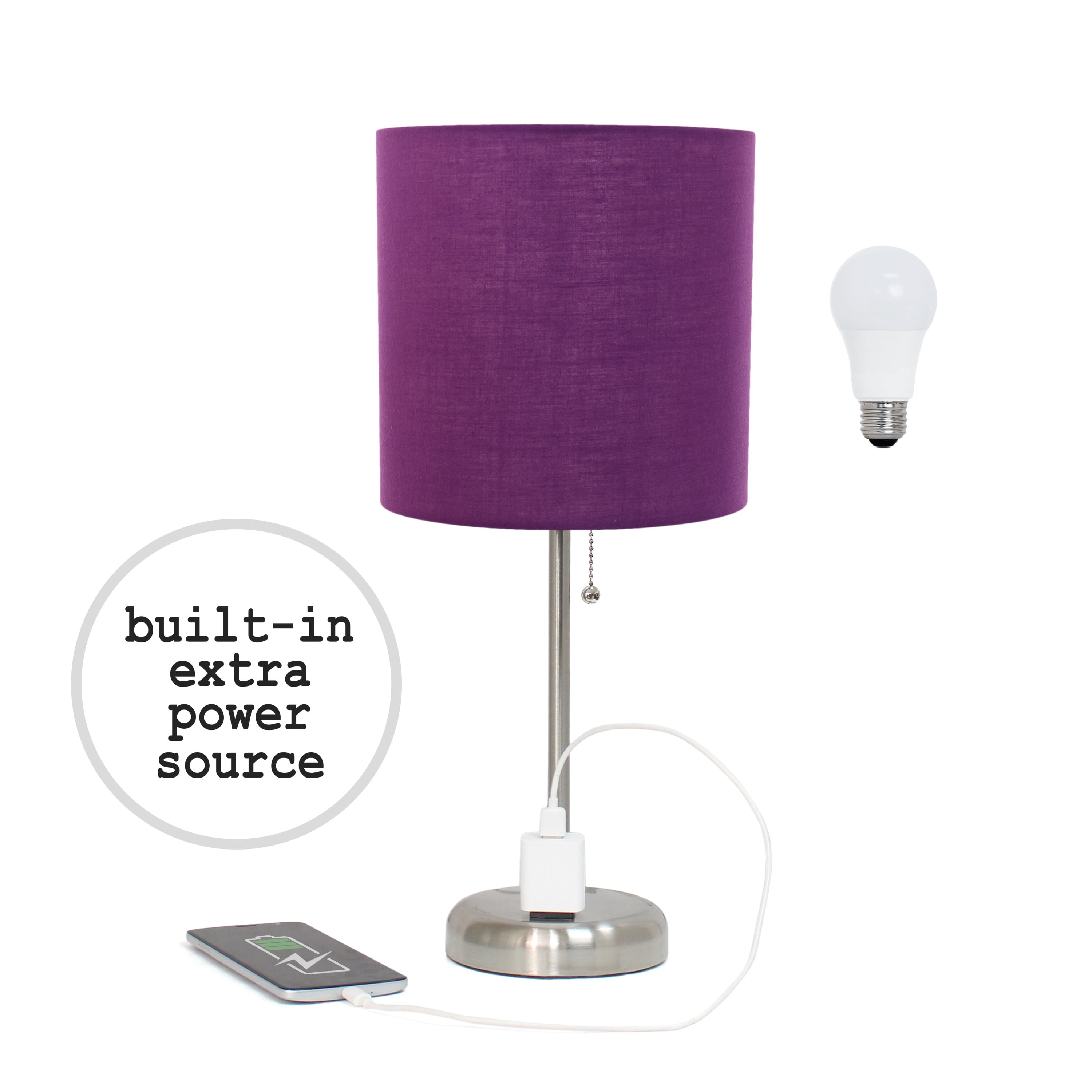 Simple Designs 19.5" Stick Lamp w/ Charging Outlet Purple Shade w/ LED ...