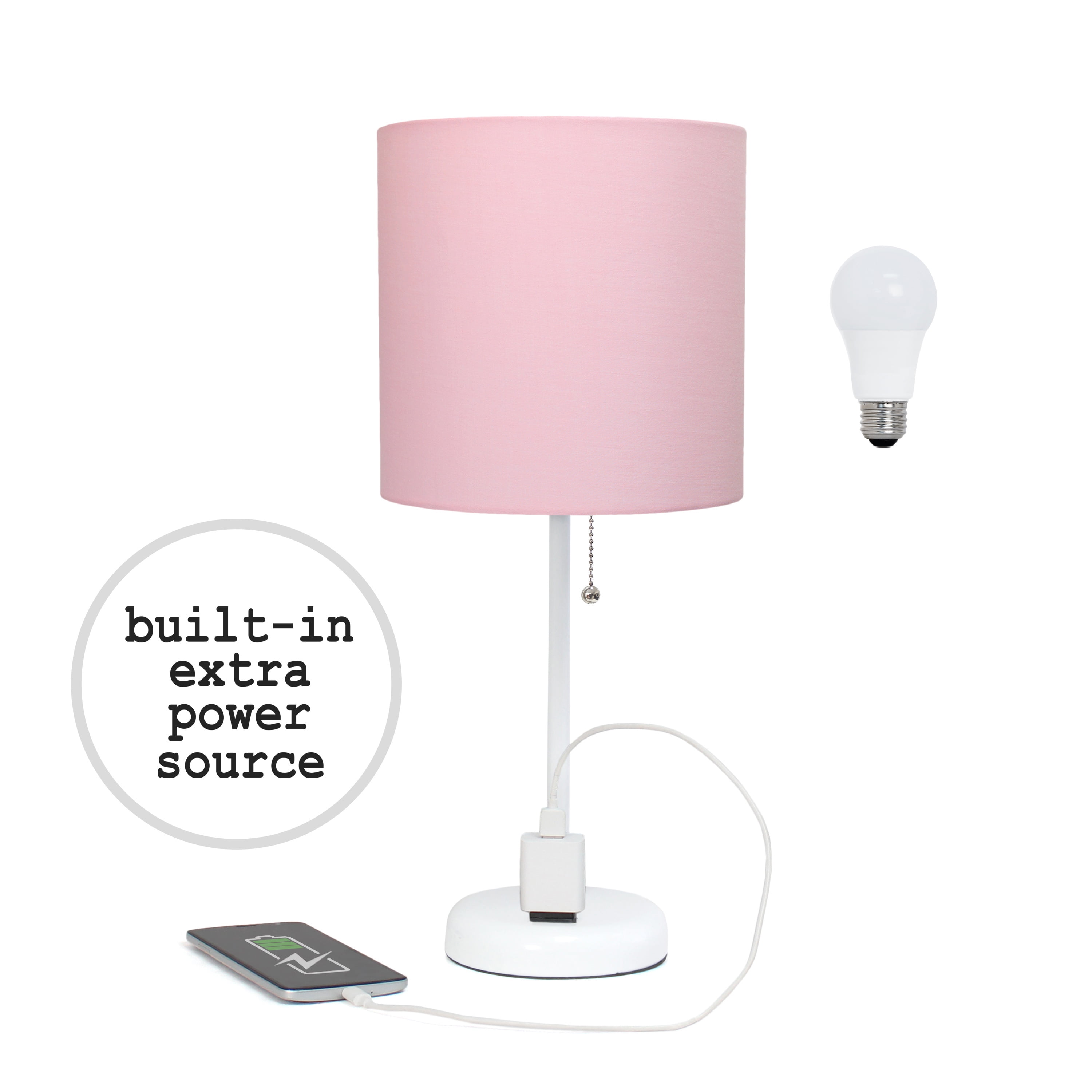 Simple Designs 19.5" White Lamp with USB Port Light Pink Shade w/ LED ...