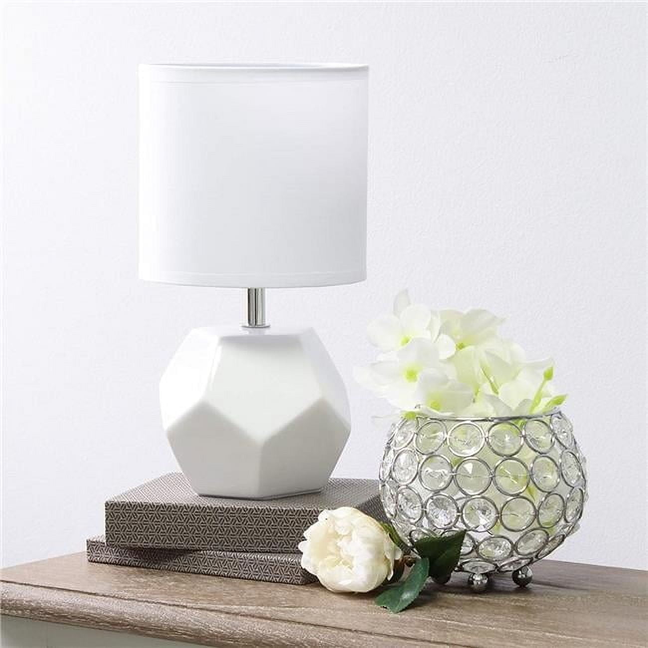 Simple Designs Ceramic Round Prism Table Lamp in White with White Shade ...