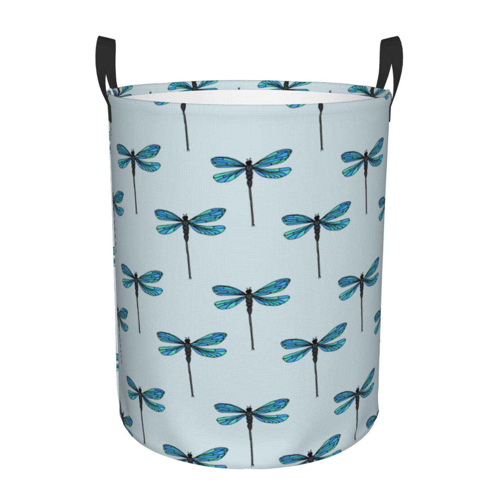 Simple Dragonfly Blue Round Laundry Basket, Laundry Hamper with Handle ...