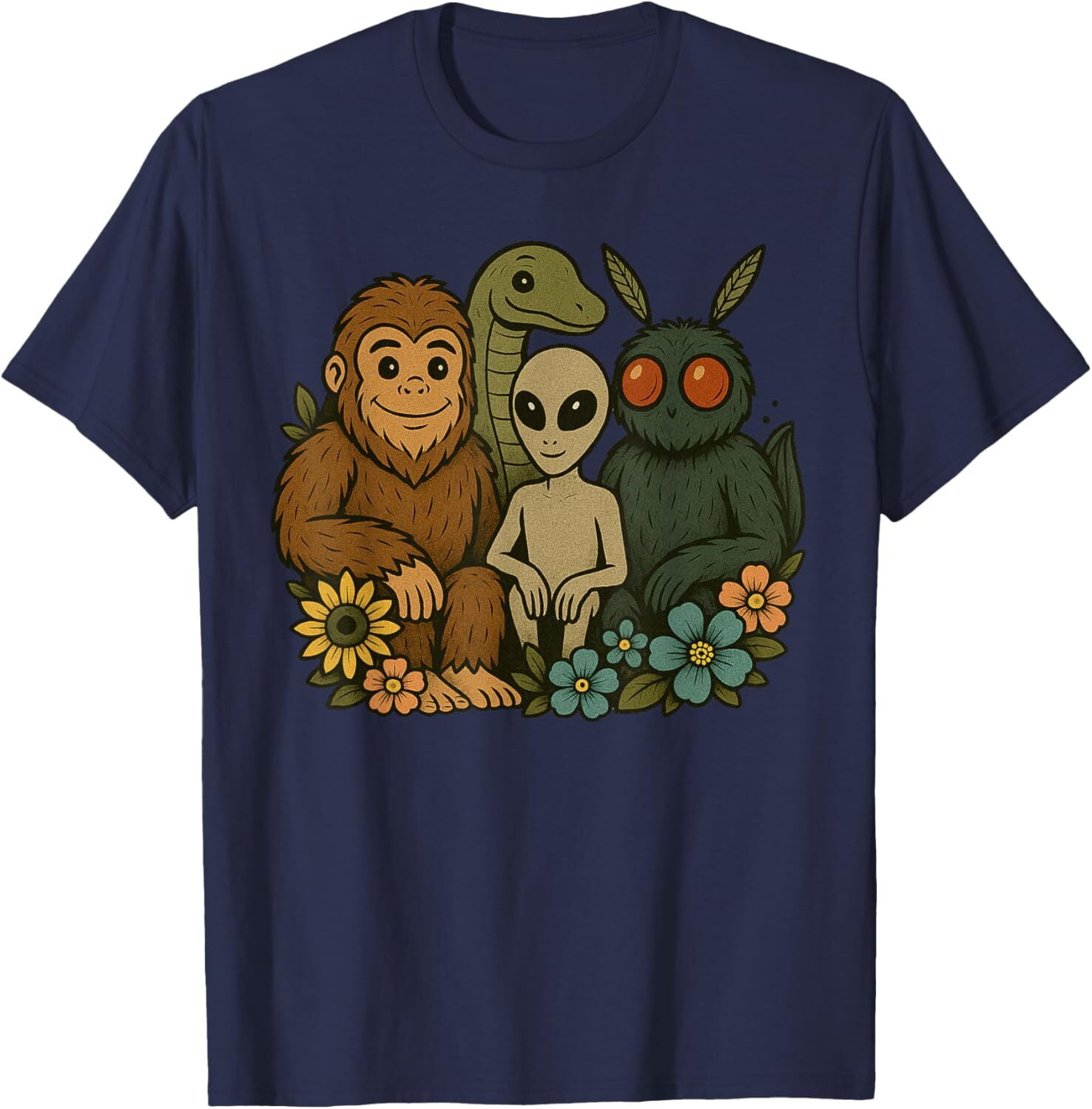 Simple Fit Cryptid Bigfoot Loch Ness Monster Mothman And Aliens T-Shirt ...