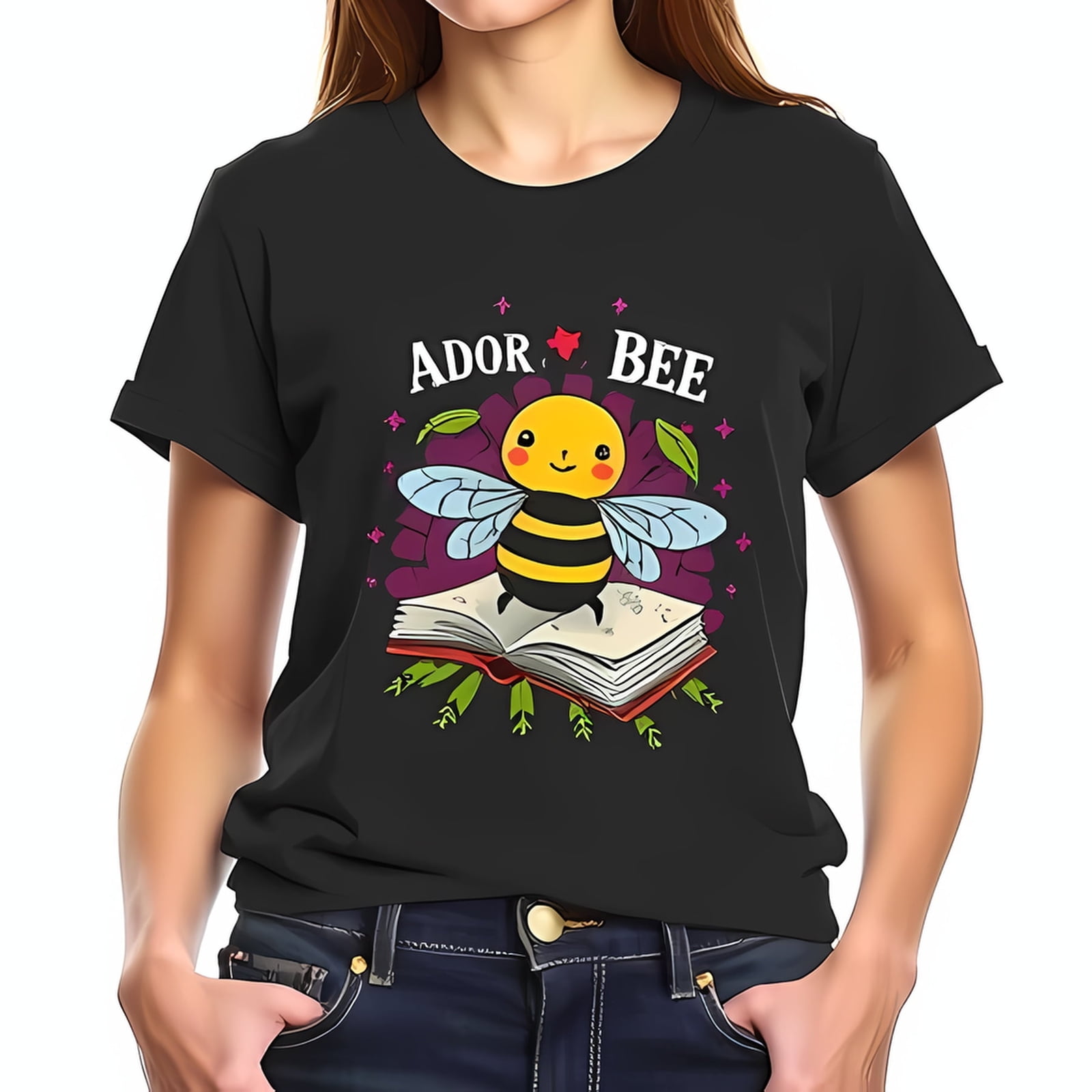 Simple Fit Cute Cartoon Bee T-Shirt With Open Book Design "Ador Bee-All-Cotton All Size S-5Xl ...