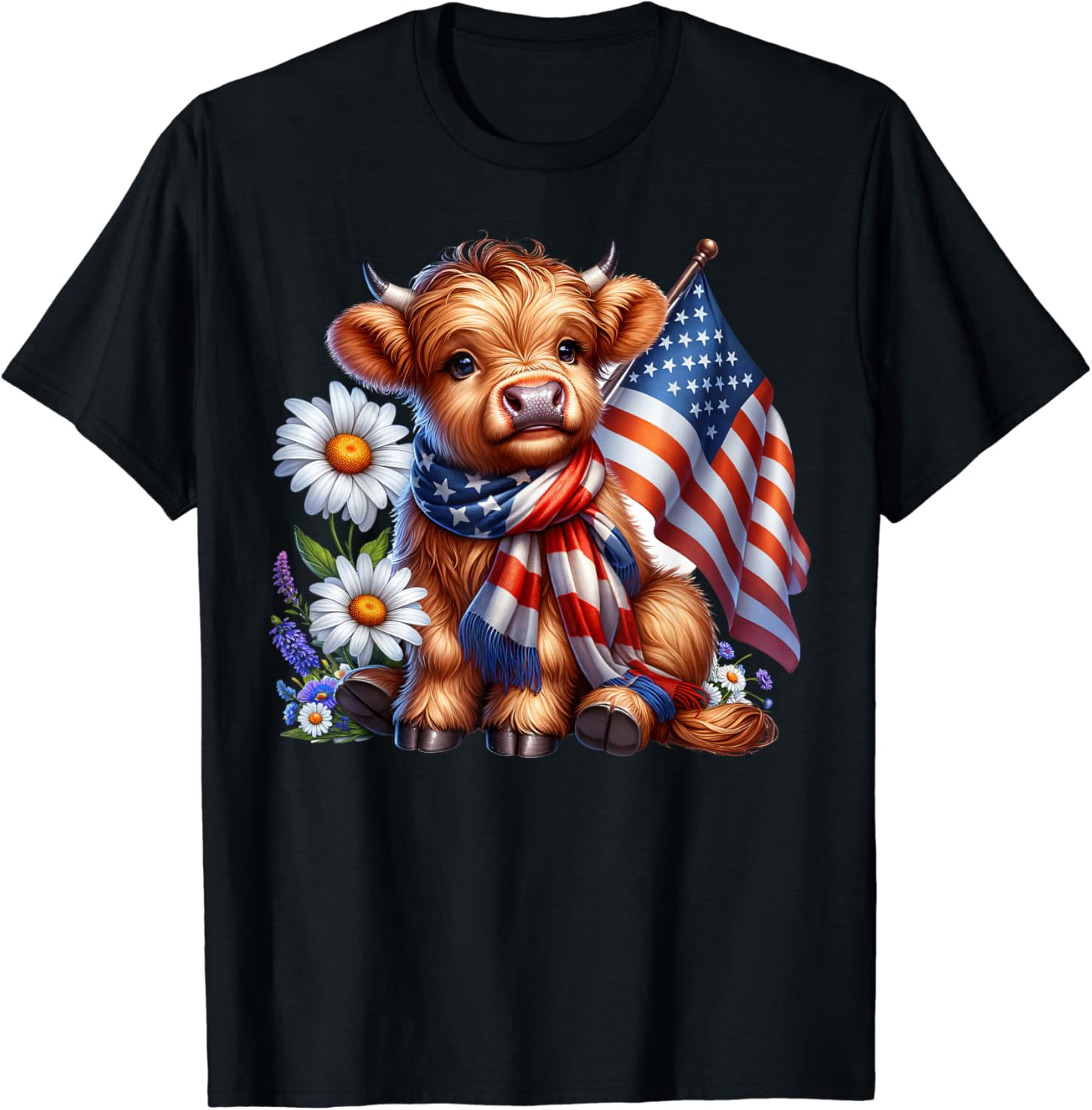 Simple Fit Cute Highland Cow Florals 4Th Of July Usa Flag Patriotic Cow ...