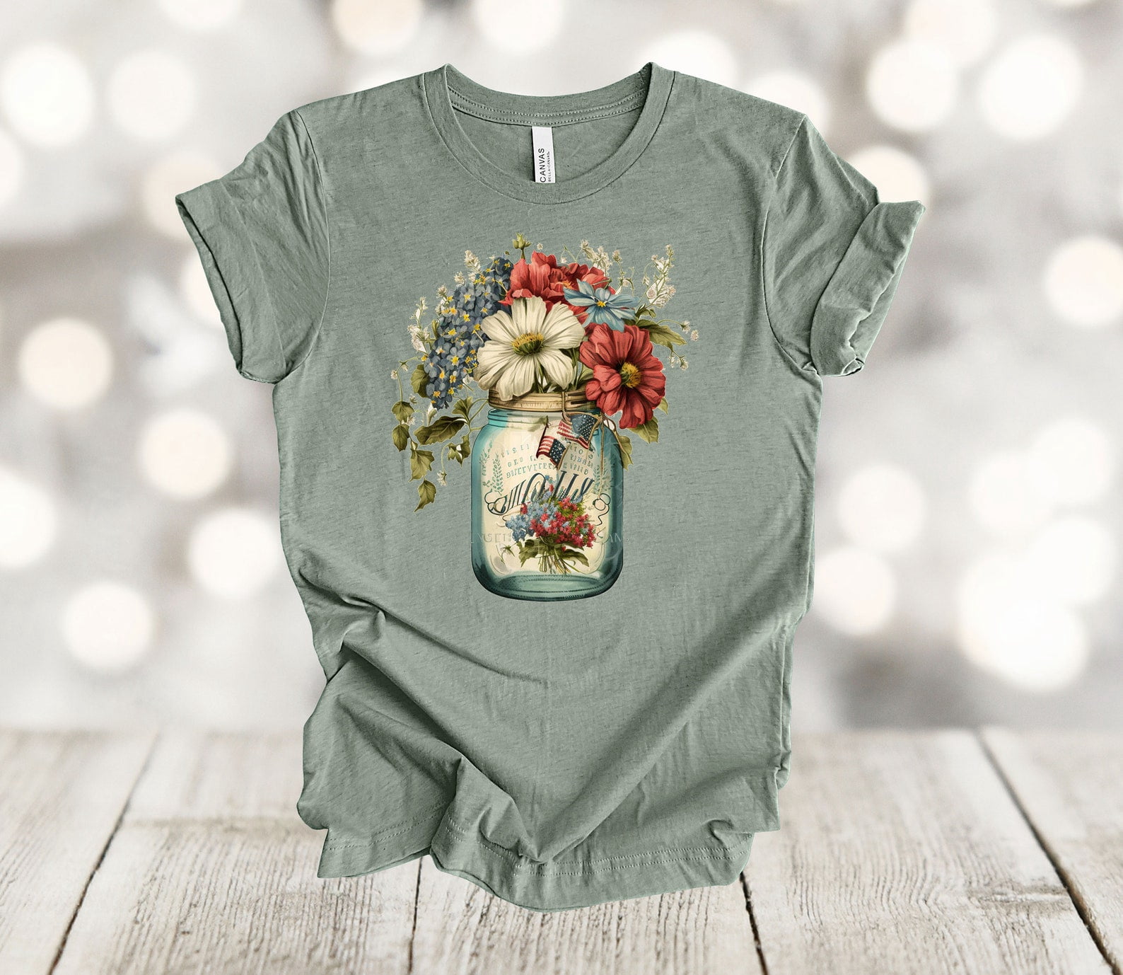 Simple Fit Flower Shirt, Vintage Jar Full Of Flowers, US Flag, Vintage ...