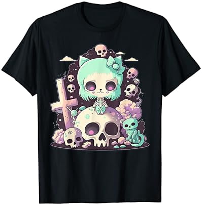 Simple Fit Funny Kawaii Pastel Goth Cute Witchy Cat And Skull Weeb T ...
