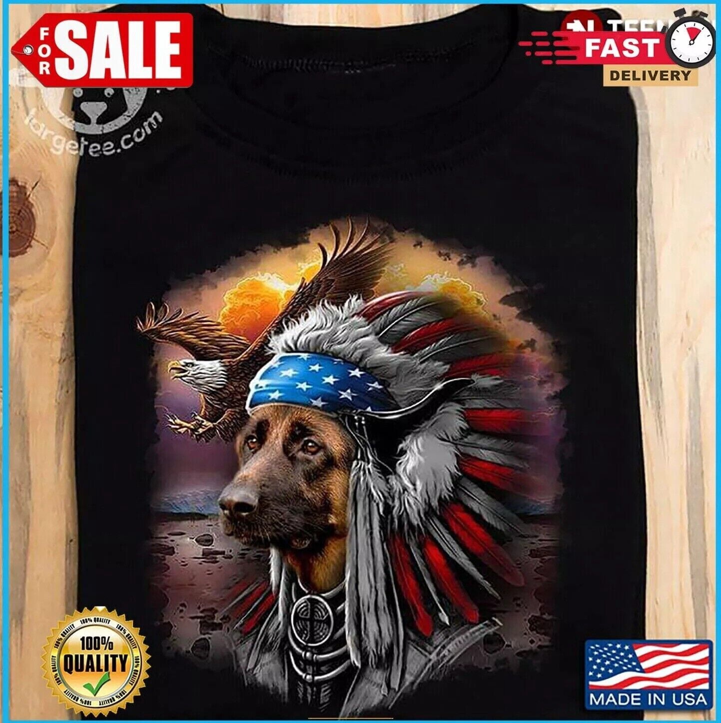 Simple Fit German Shepherd Warrior With War Bonnet Eagle American Flag ...