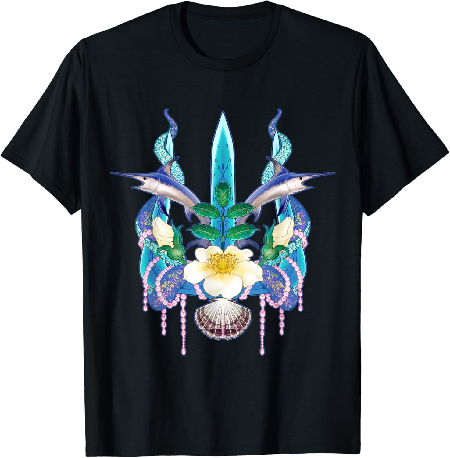 Simple Fit Mermaid Rose Pearls Sword Fish Octopus Seashell Trident T ...