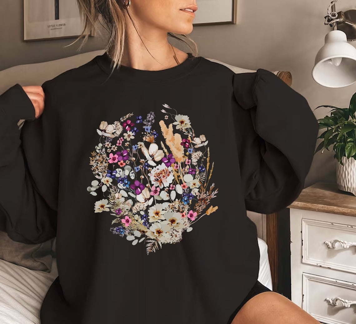 Simple Fit Pressed Flowers Sweatshirt, Boho Wildflowers, Cottagecore ...