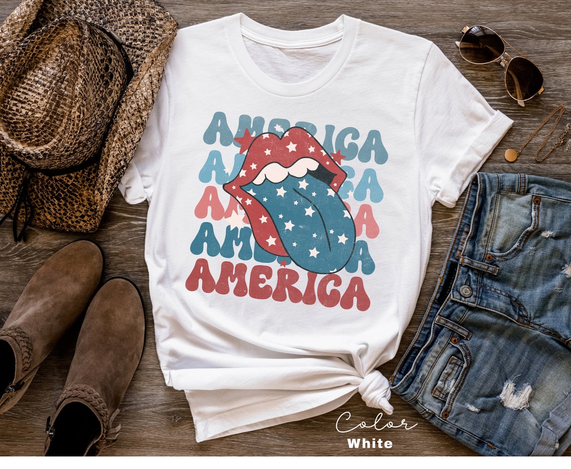 Simple Fit Retro 4Th Of July Shirt, Red White Blue Lips, Usa Smiley ...