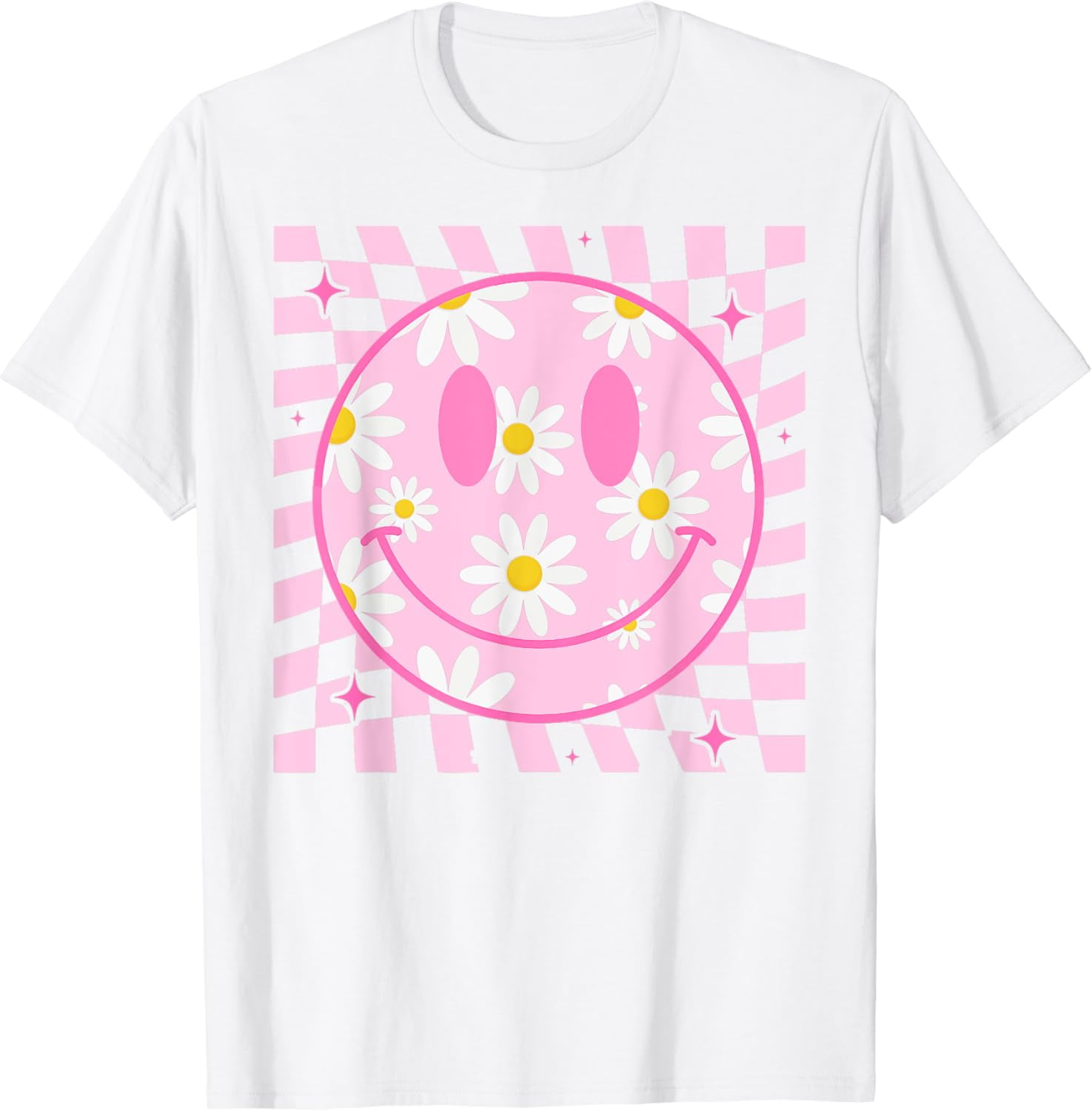 Simple Fit Retro Happy Smile Face Checkered Pattern Pink Daisy Flower T ...