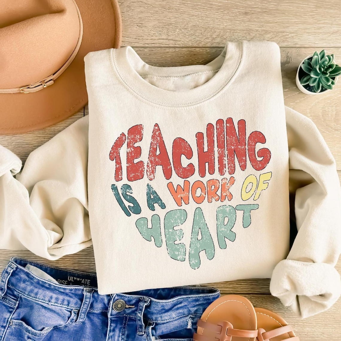 Simple Fit Retro Teacher Sweatshirt, Teaching Is A Work Of Heart, Cute ...