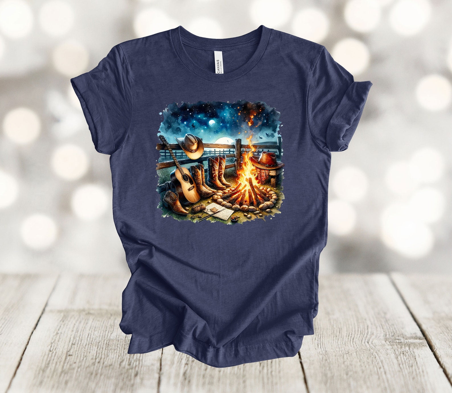 Simple Fit Western Shirt, Watercolor Desert Night Scene, Campfire ...