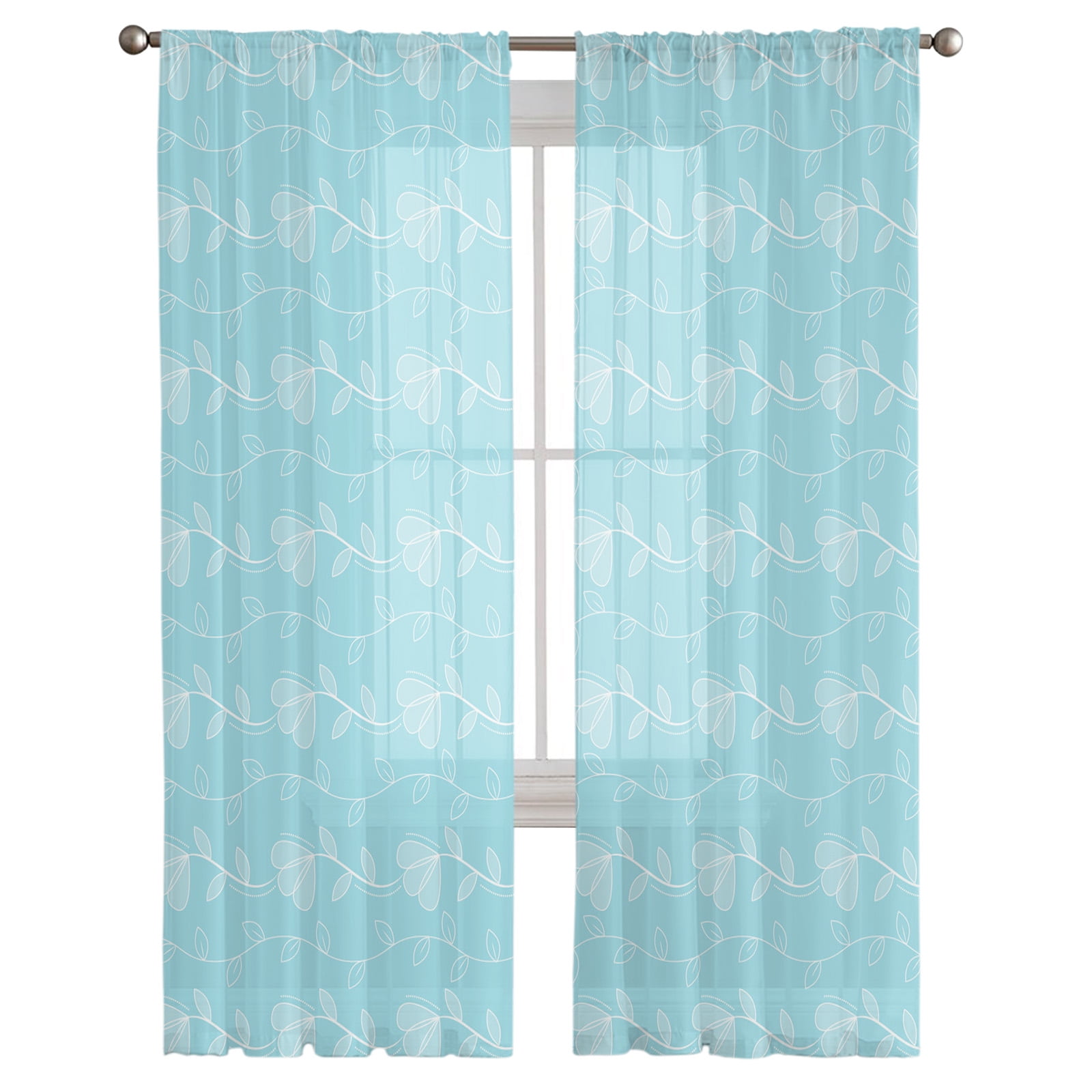 Simple Floral Stripe Blue Sheer Curtain for Living Room Bedroom Voile ...
