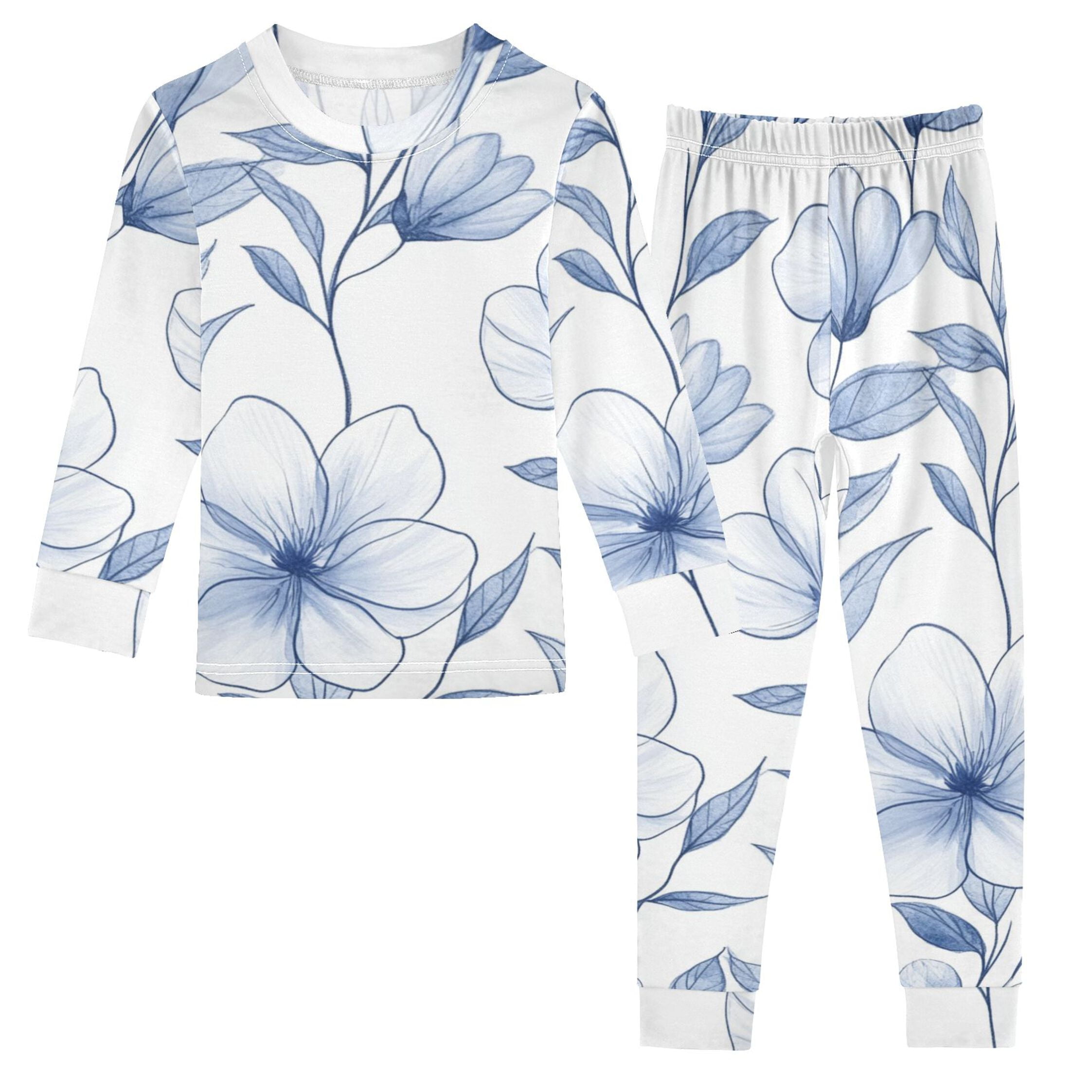 Simple Flower Sketch Cotton Pajama Set Long Sleeve Top and Pants ...