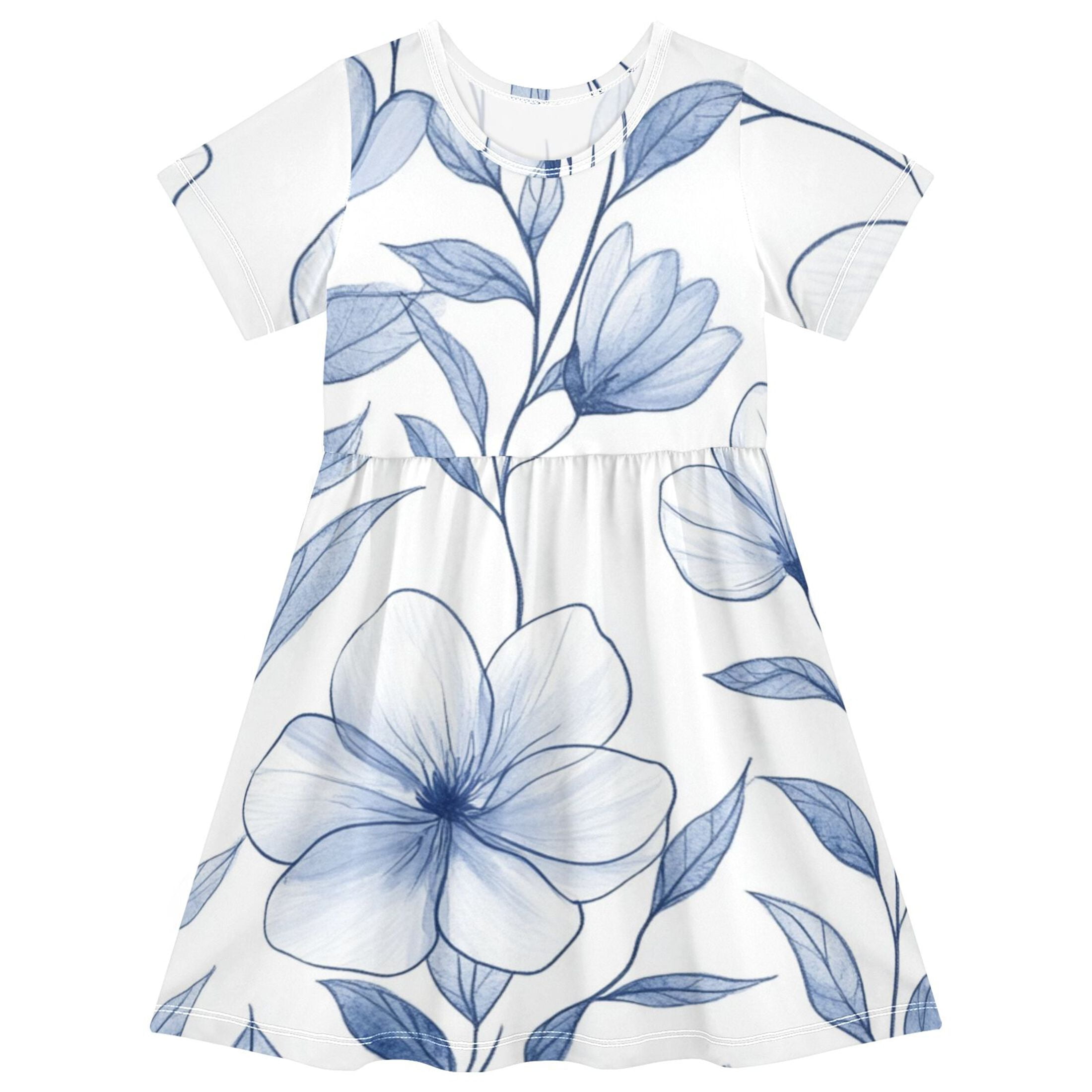 Simple Flower Sketch Girls' Short Sleeve Dress A-Line One-Piece Dress ...