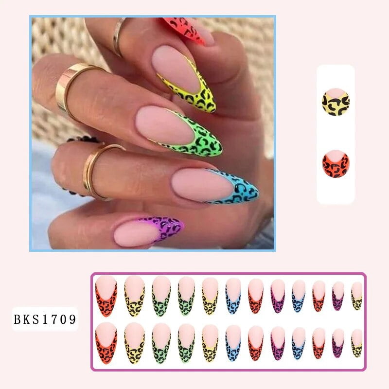 Simple French Wearable False Nails Almond Colorful Stripes Colorblock ...