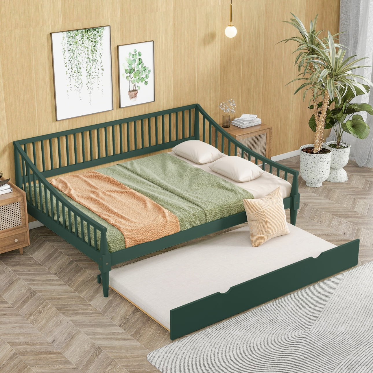Simple Full Size Daybed with Trundle, Wood Daybed with Support Legs and ...
