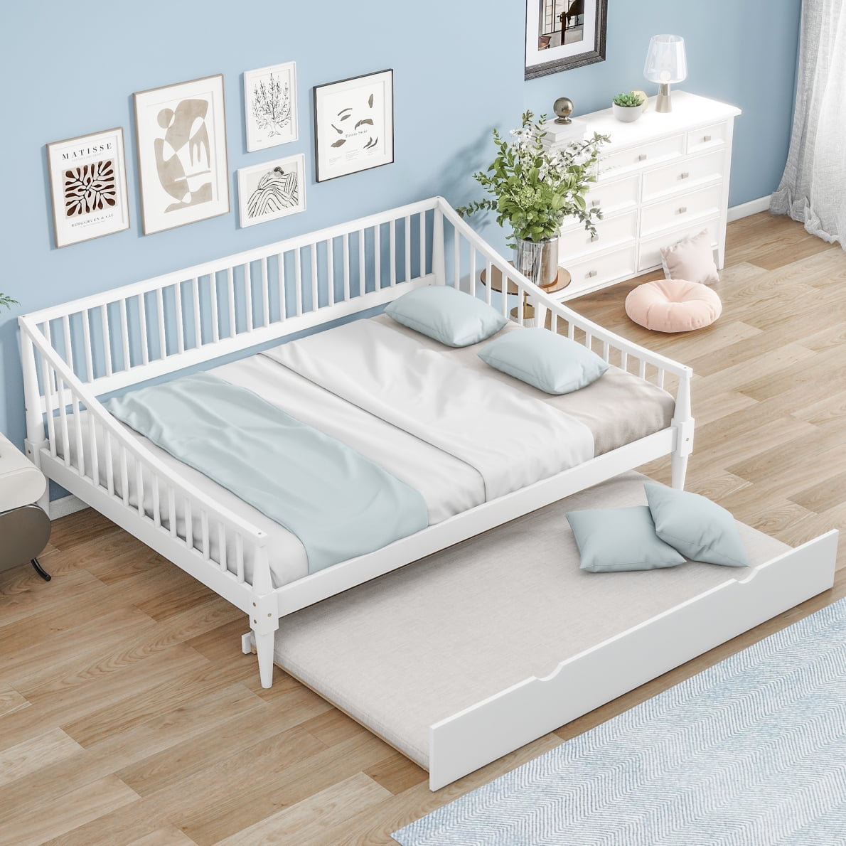 Simple Full Size Daybed with Trundle, Wood Daybed with Support Legs and ...