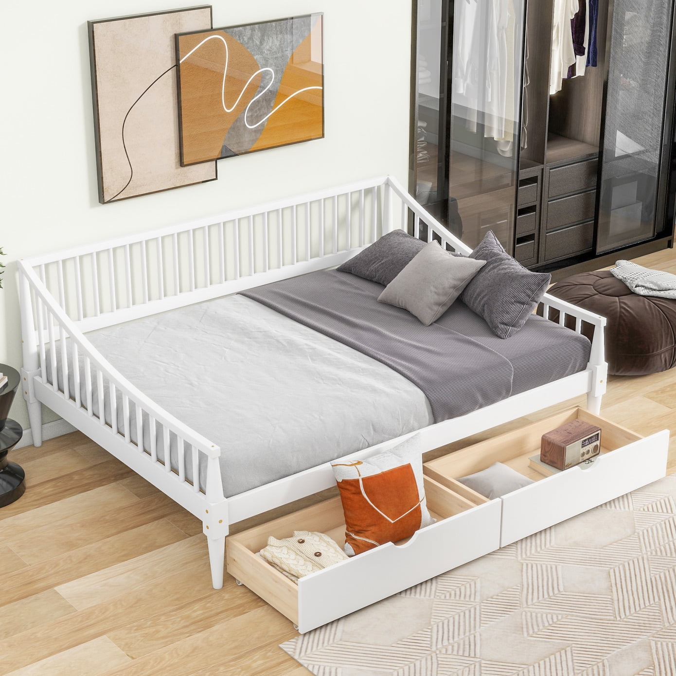 Simple Full Size Daybed with Two Storage Drawers, Wood Daybed with ...