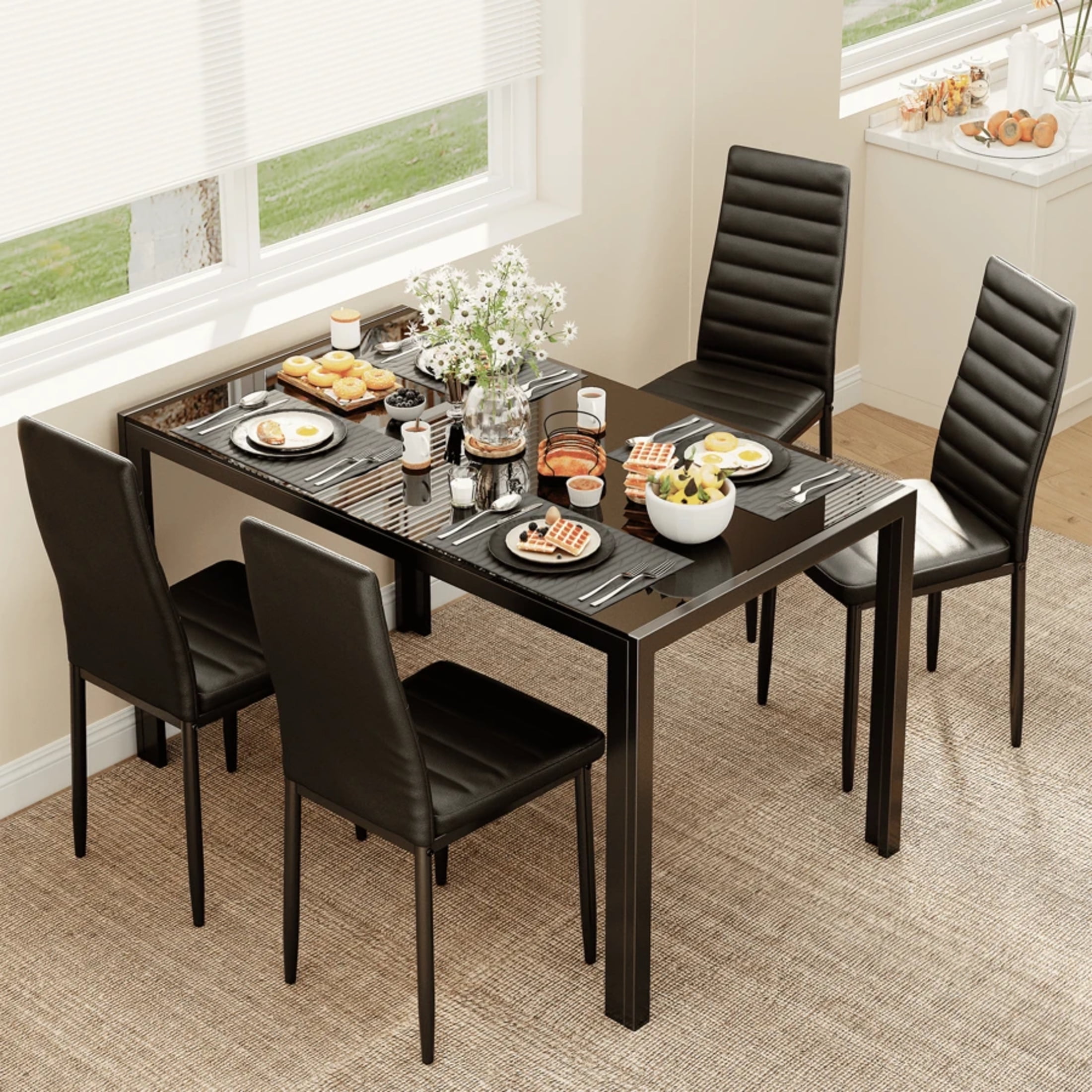 Simple Glass - Top Dining Table and Chair Set, White Metal Frame ...