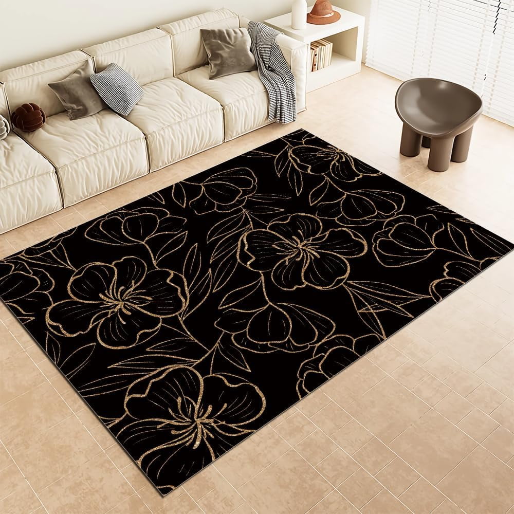 Simple Golden Flower Print Area Rug Retro Texture Non-Slip Rugs Modern ...