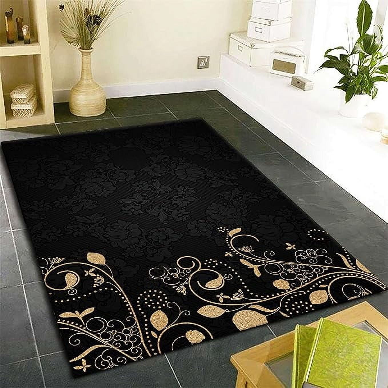 Simple Golden Vine Area Rugs, 3D Printed Black Background Bedroom ...