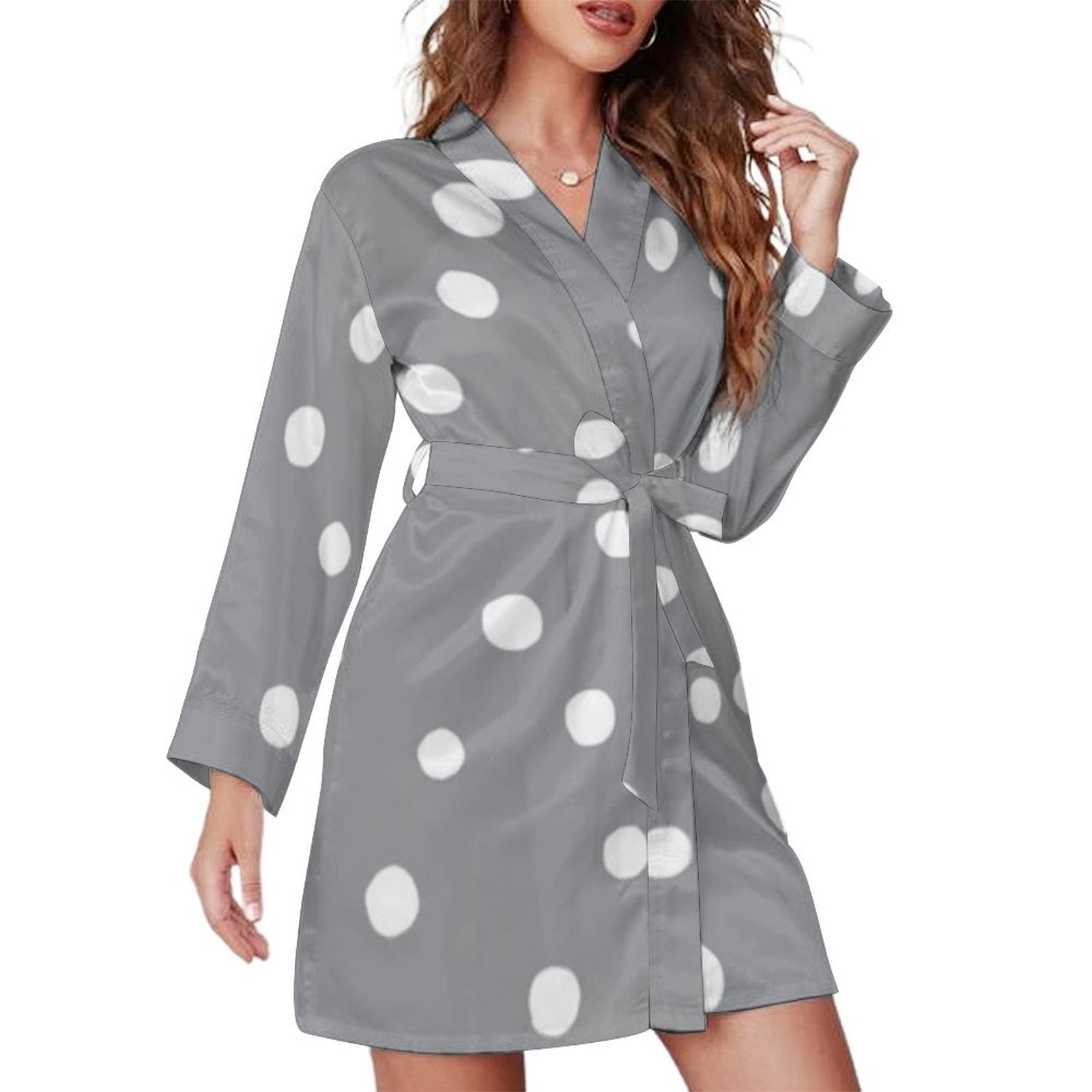 Simple Gray And White Polka Dots Night Robe Long Sleeve V Neck Robe ...