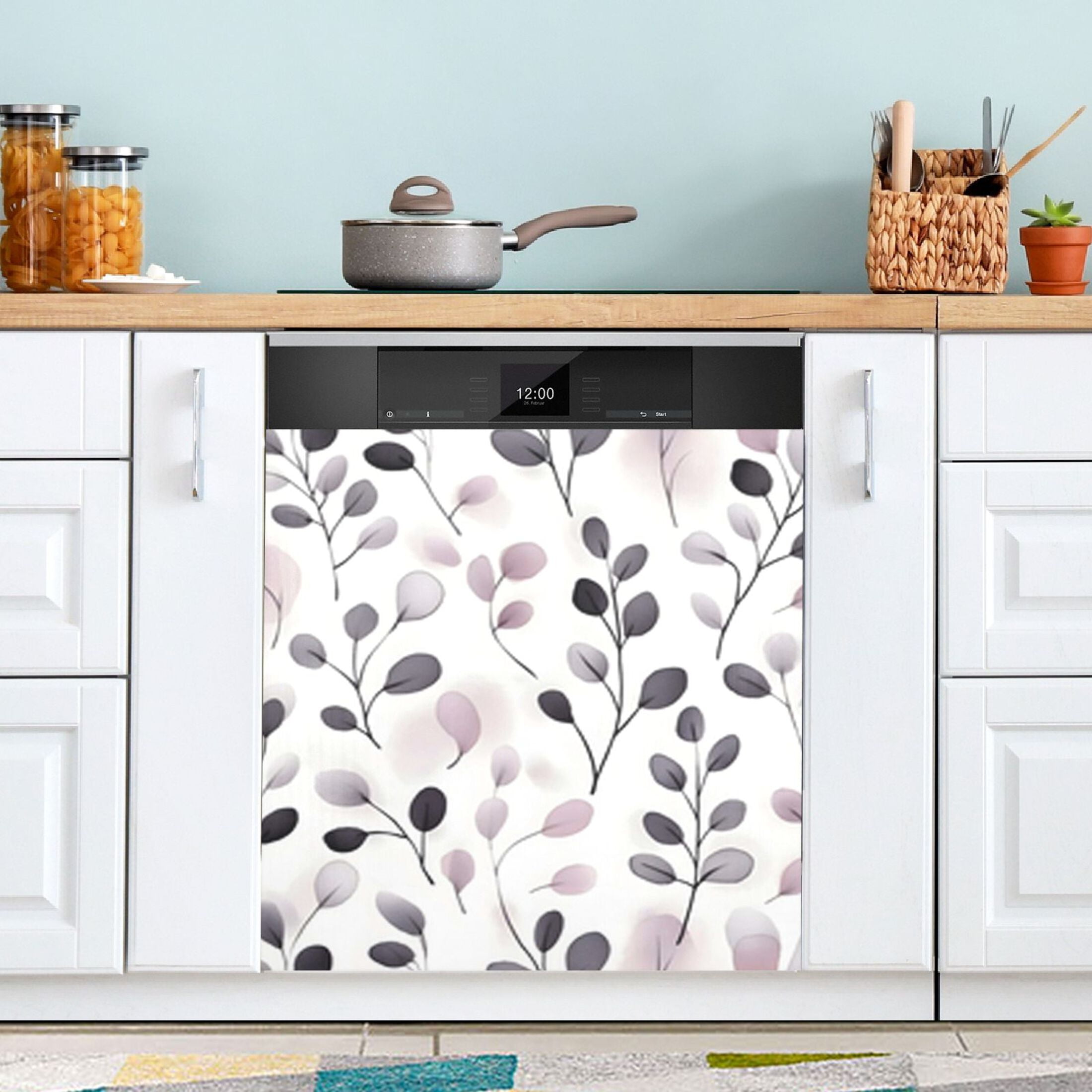 Simple Gray Pink Leaves Dishwasher Magnet Cover Reuseable Refrigerator ...