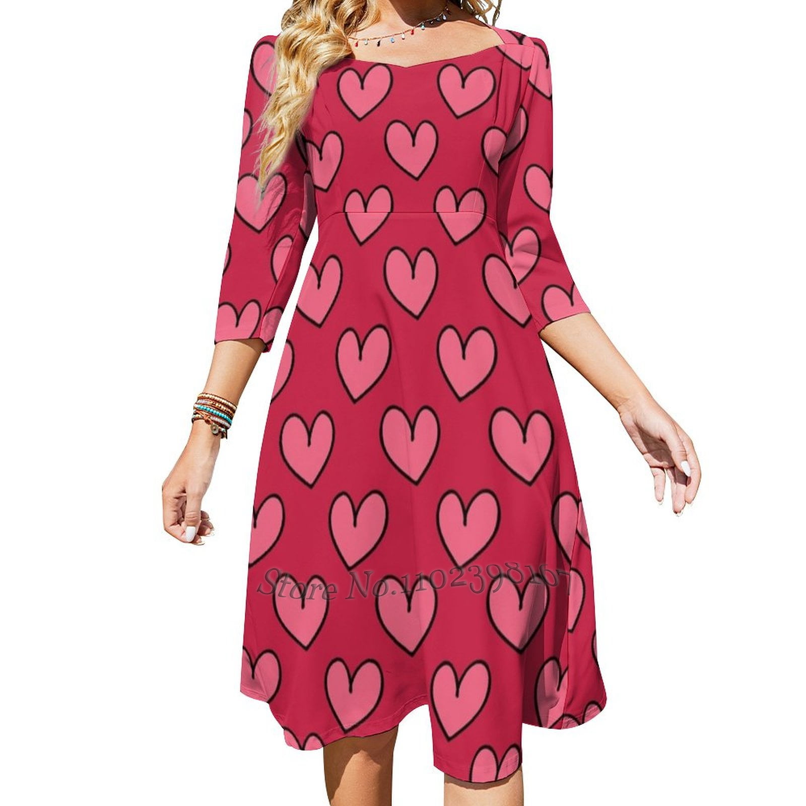 Simple Heart Pattern Square Neck Dress New Plus Size Elegant Women ...