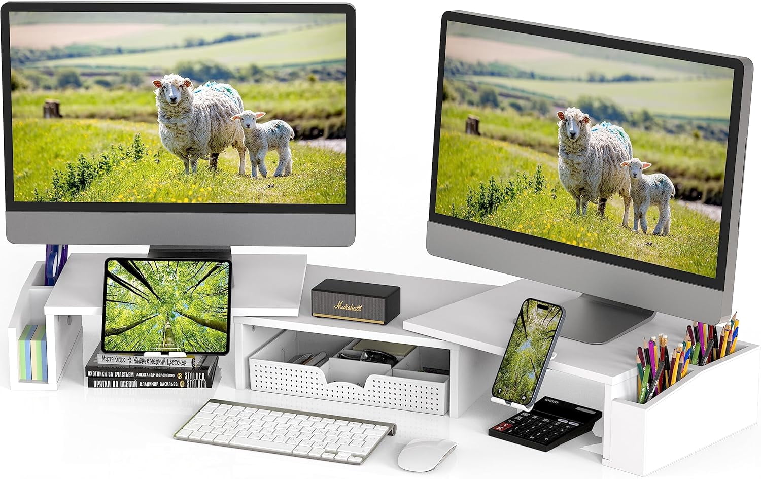 Simple Home Furnishings Desk Dual Monitor Stand with Drawer - Walmart.com