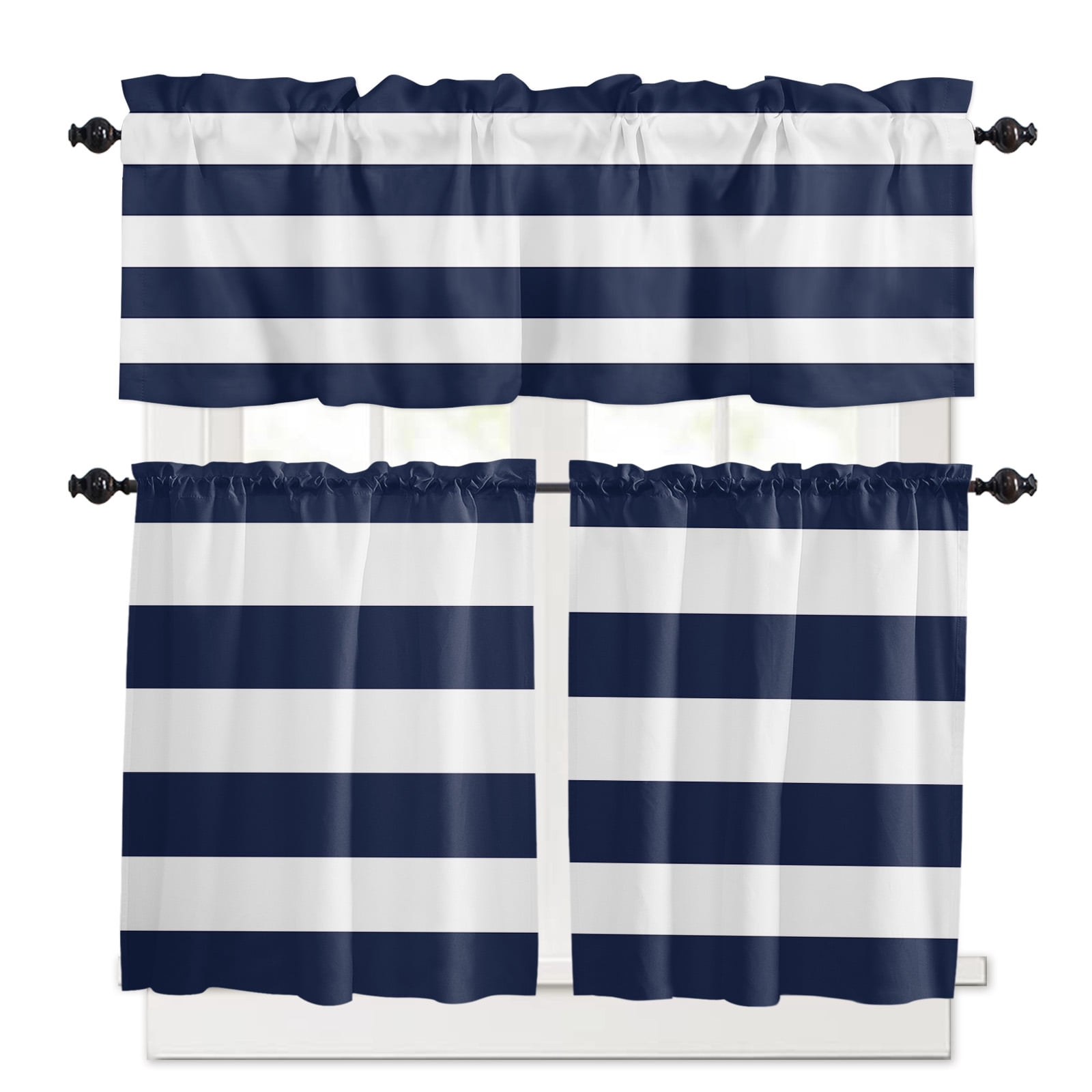 Simple Horizontal Stripes Line Kitchen Curtains and Valances Set, 3 ...