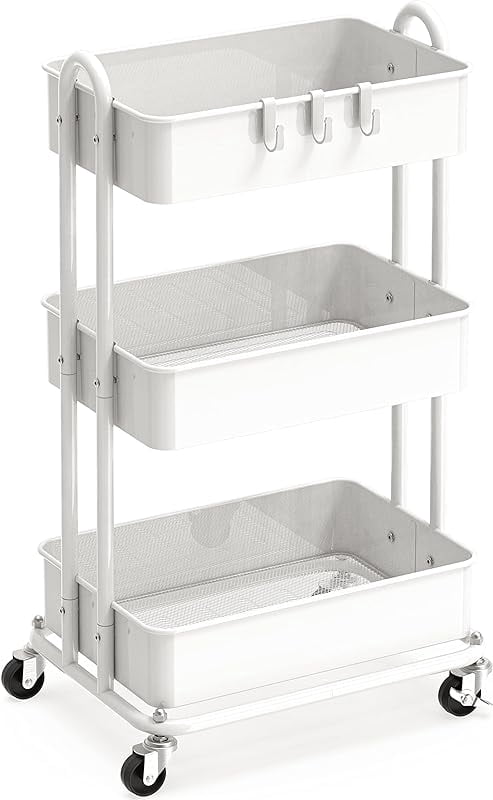 Simple Houseware 3-Tier Heavy Duty Metal Utility Rolling Cart, White ...