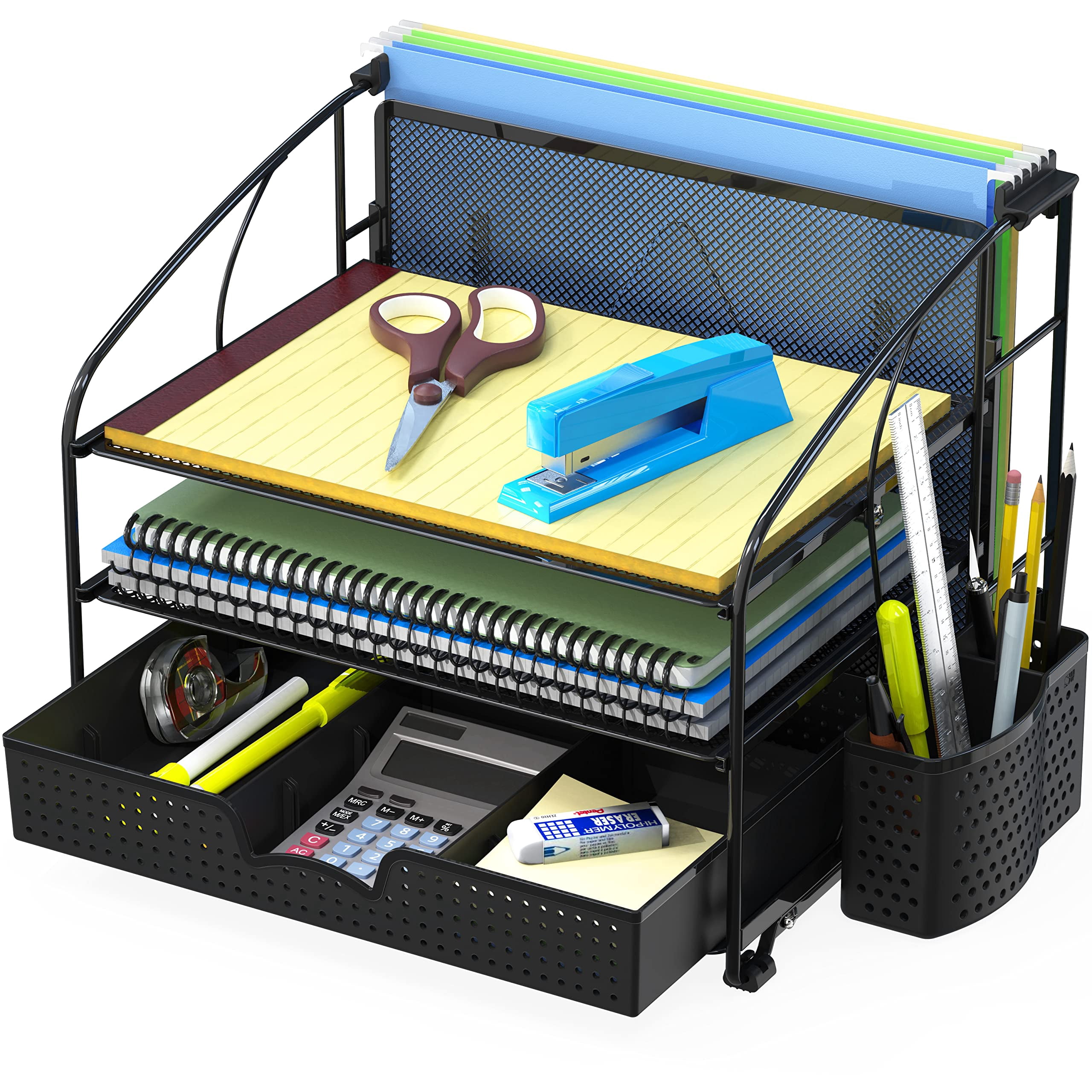 Simple Houseware Desk Organizer 3 Tray w/Sliding Drawer, Hanging File ...