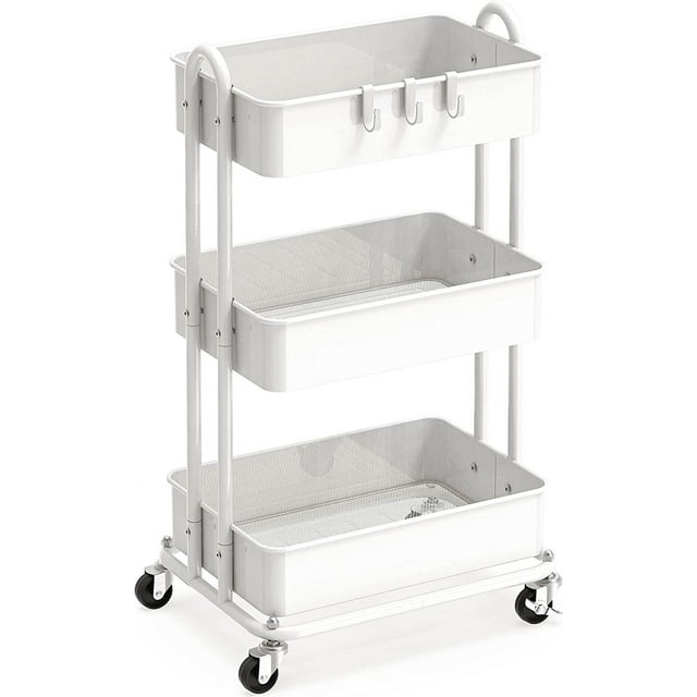 Simple Houseware Heavy Duty 3-Tier Metal Utility Rolling Cart, White ...