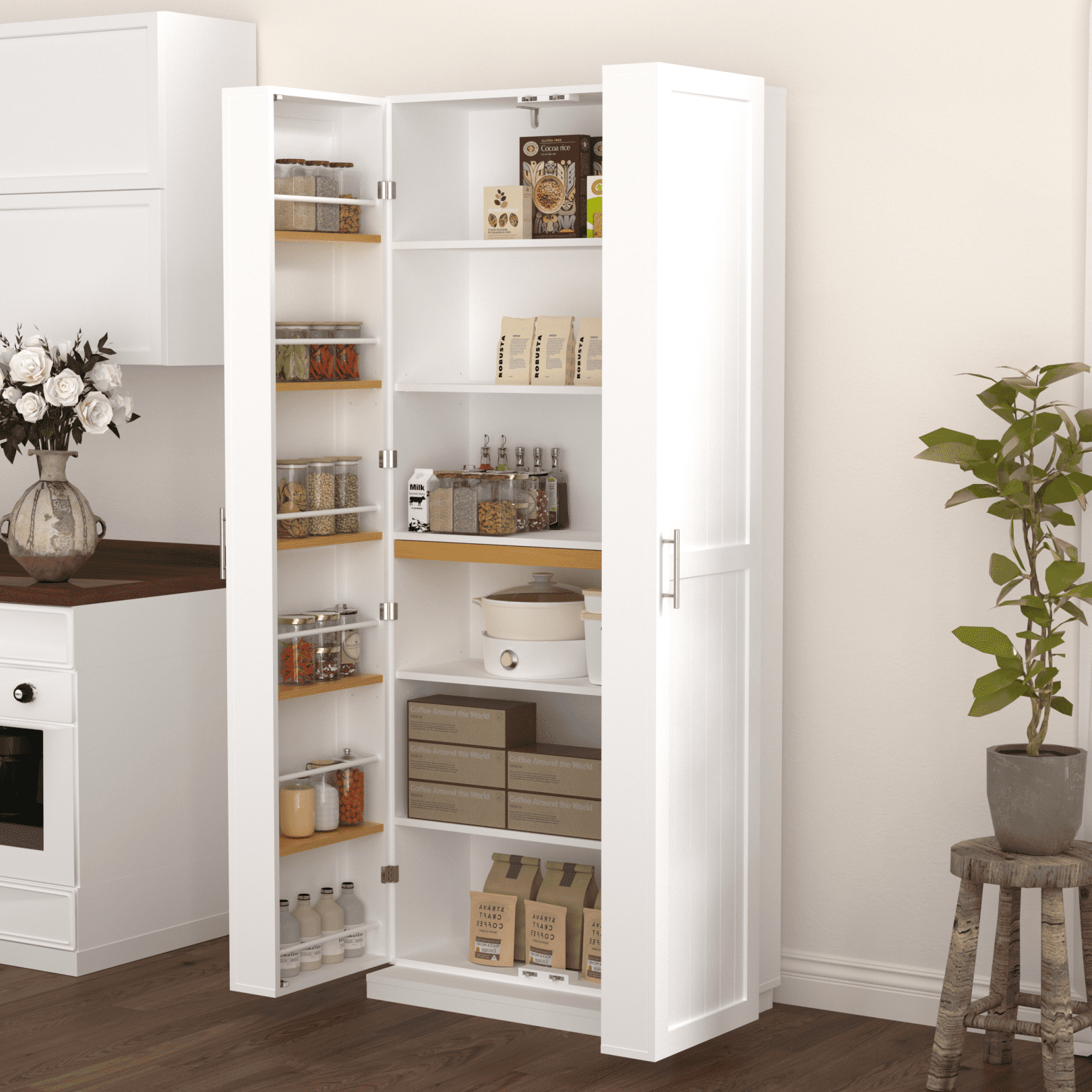 Simple Kitchen Pantry Cabinet with Adjustable Shelves, Large Capacity ...