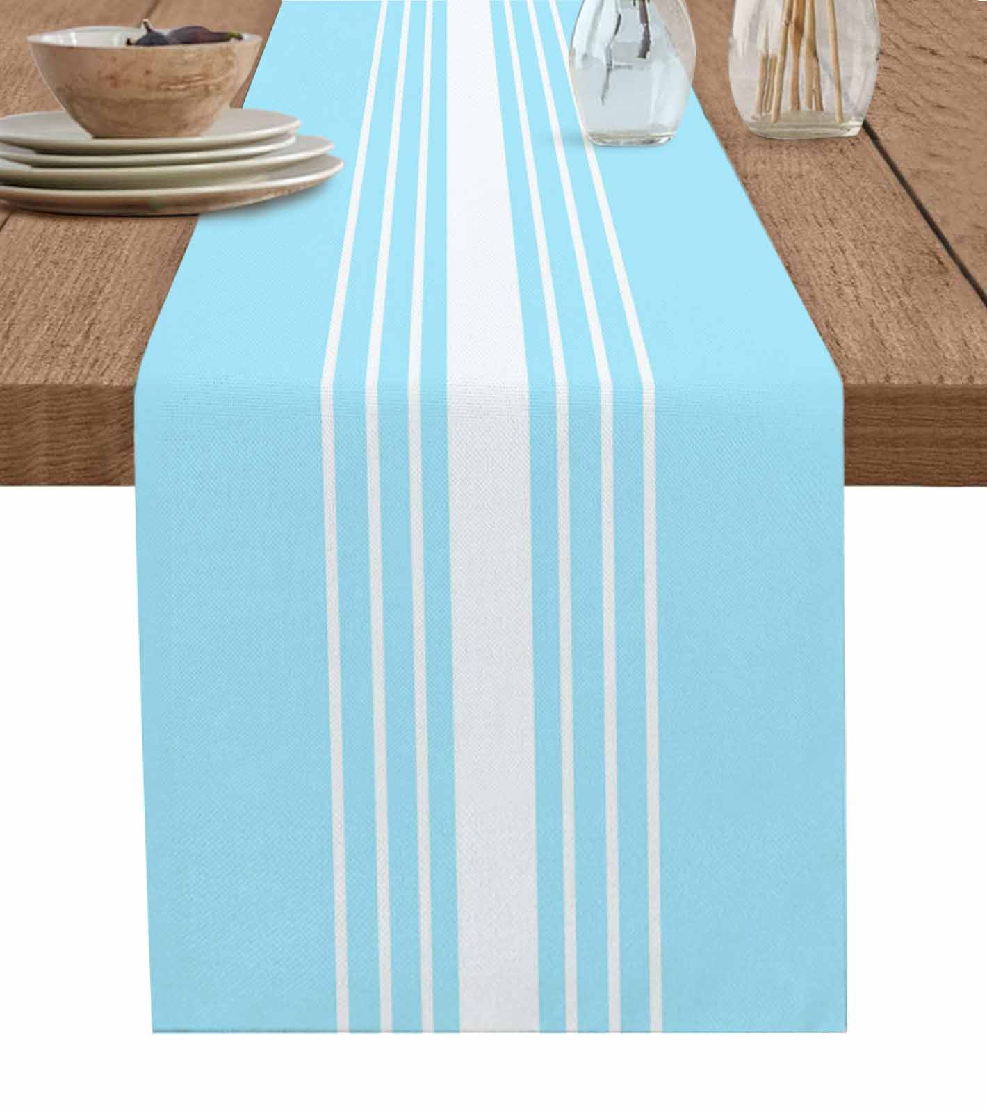 Simple Lake Blue Stripes Table Runners 90 Inches Long, Cotton Linen ...